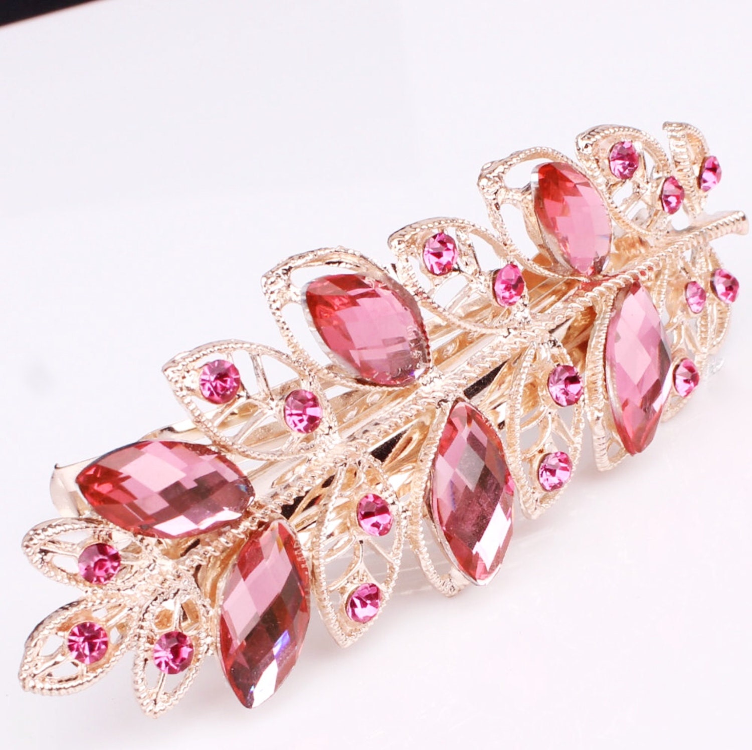 Pink Austrian Crystal Hair Clip, Rose Gold Colored Hair Clip, Pink ...