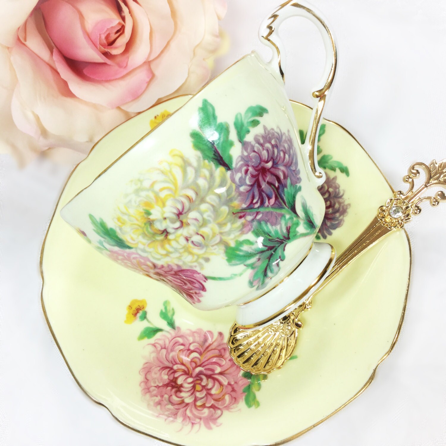 Paragon Yellow Mums Tea Cup & Saucer, English Fine Bone China Tea Set ...