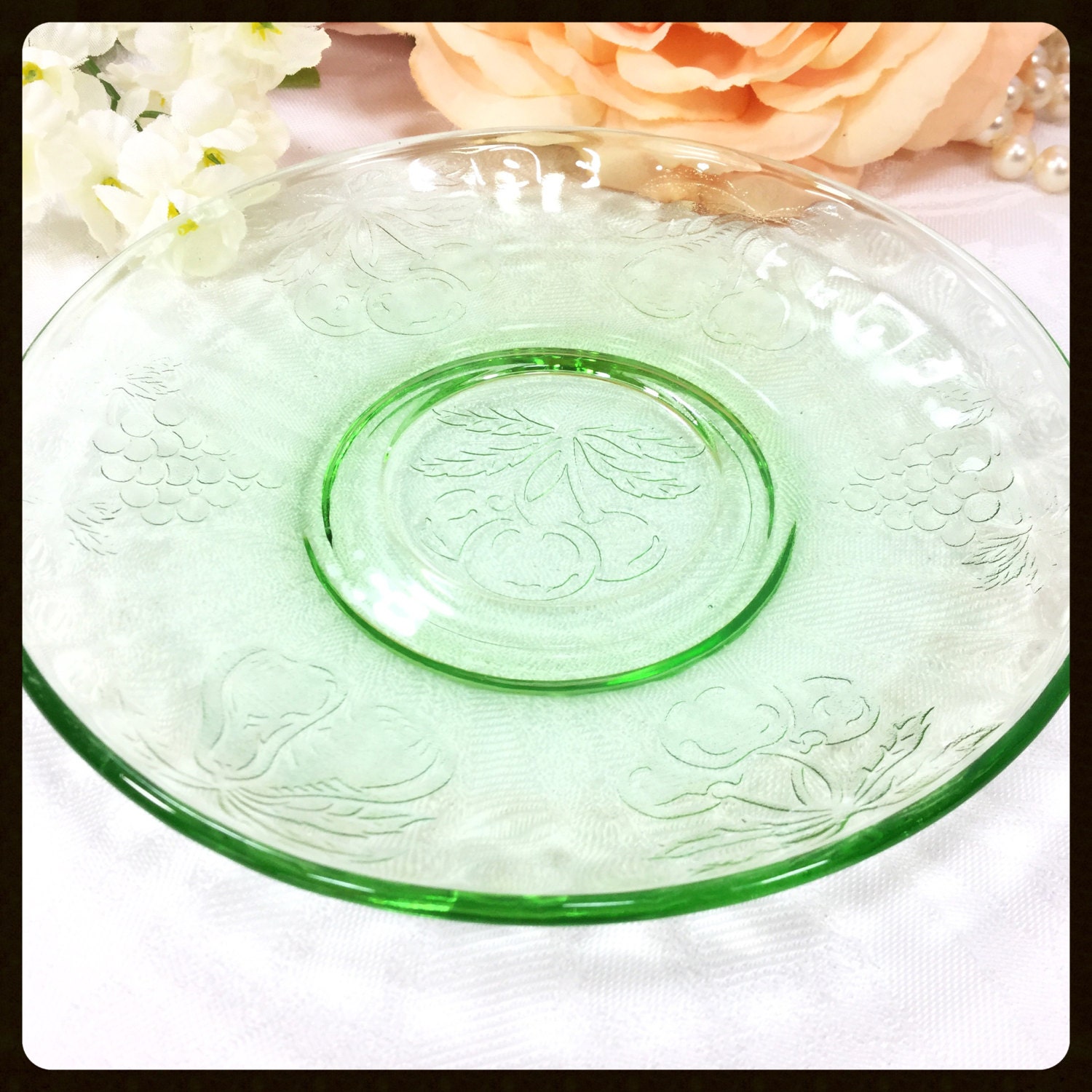 6 Green Depression Glass Plates 4 Green Depression Glass Salad Plates 2 Saucers Vintage