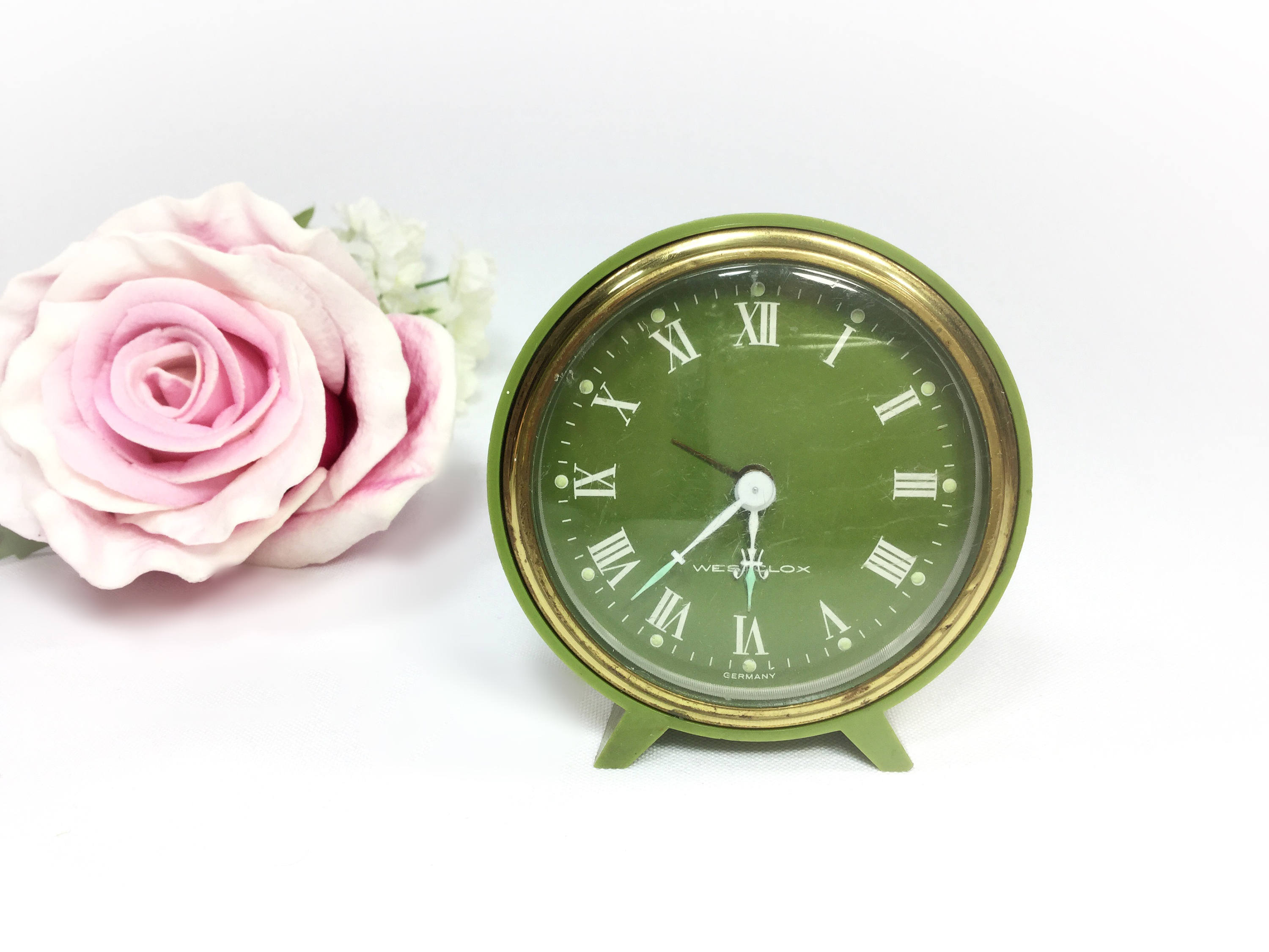 Vintage German Westclox Wind Up Clock, Green Retro Wind Up Clock ...