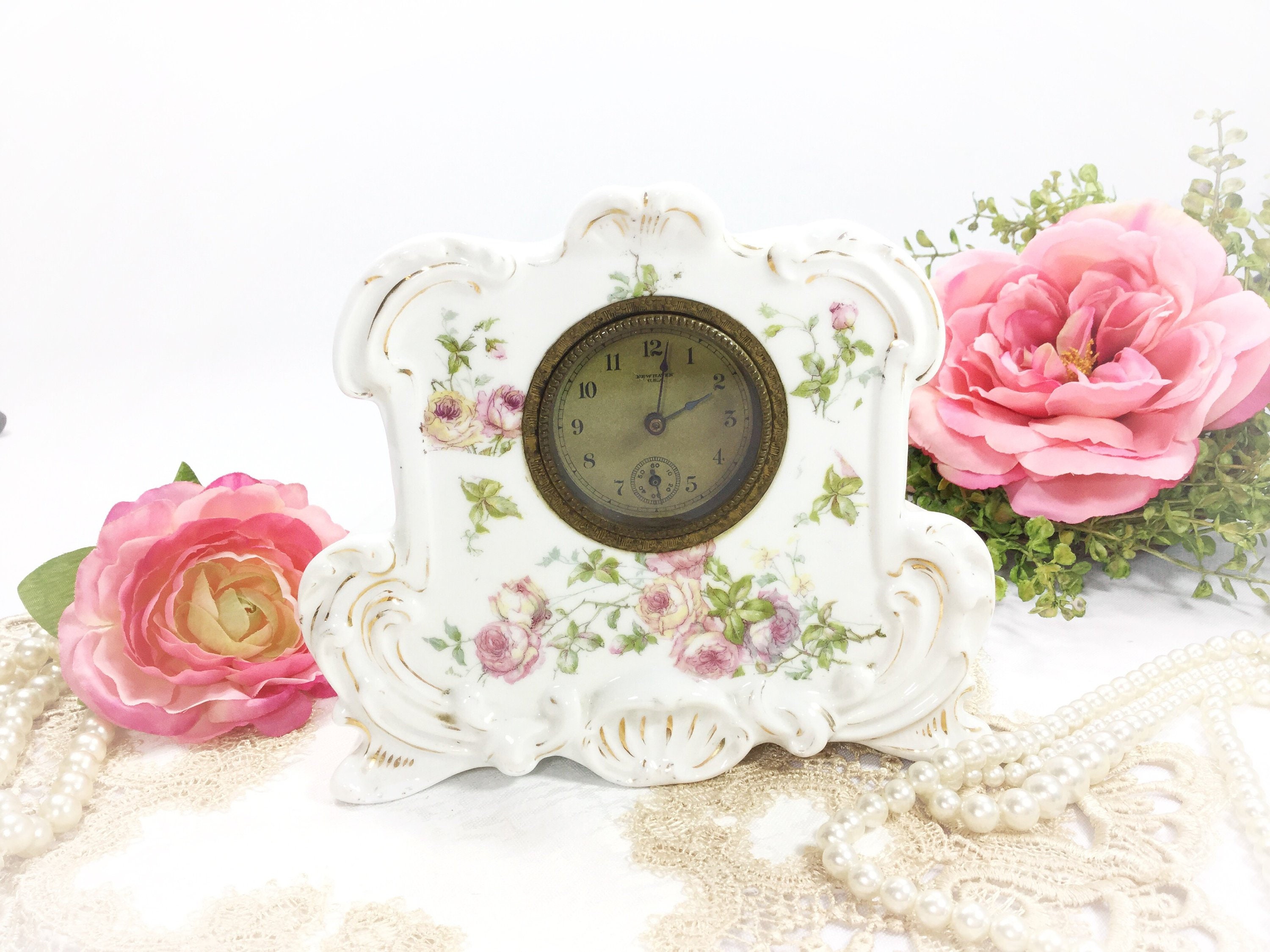 New Haven Pink Floral Victorian Style Boudoir Mantel Porcelain Wind Up ...