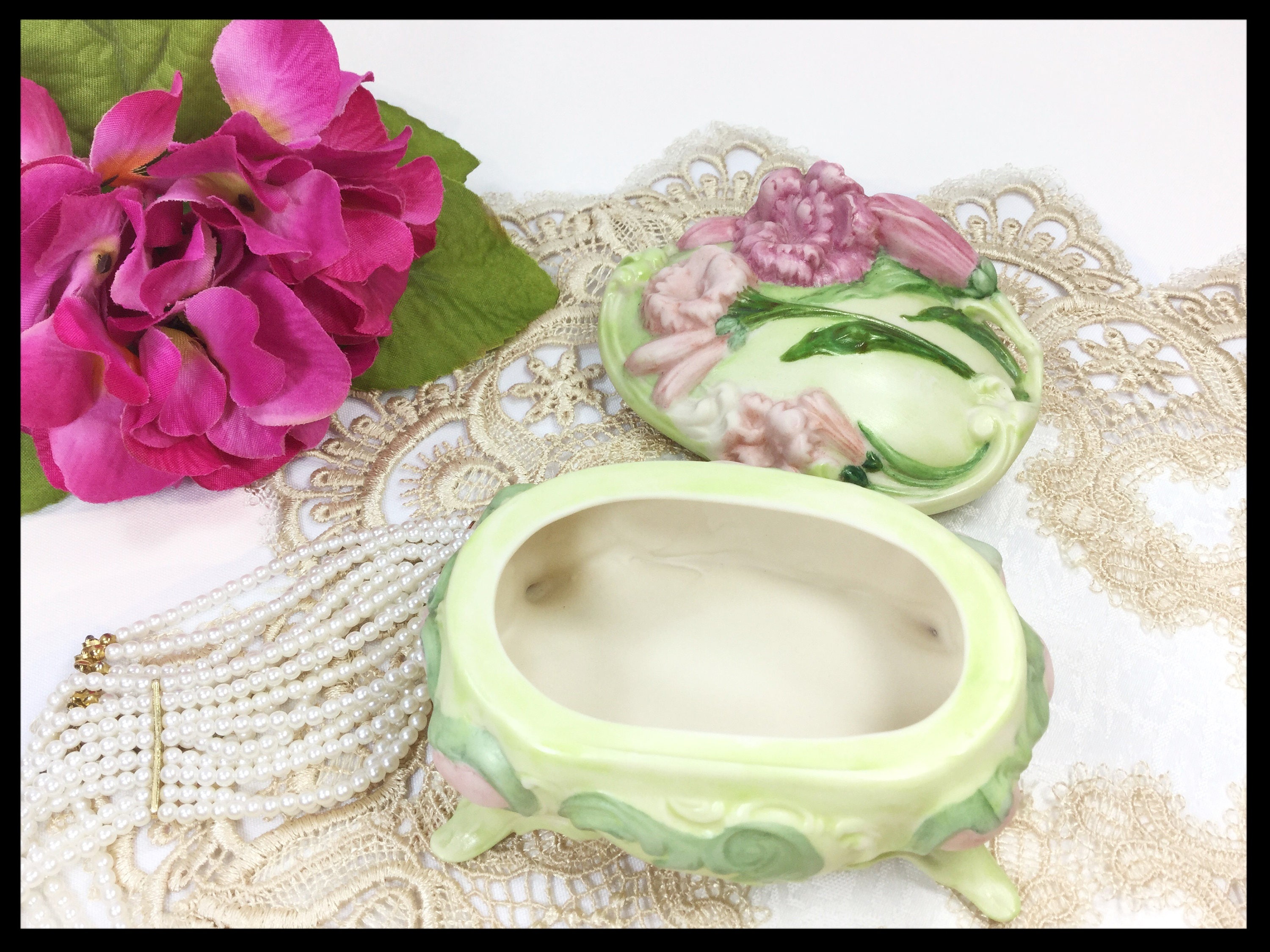 Green Floral Trinket Box, Garden Victorian Inspired Jewlery Box ...