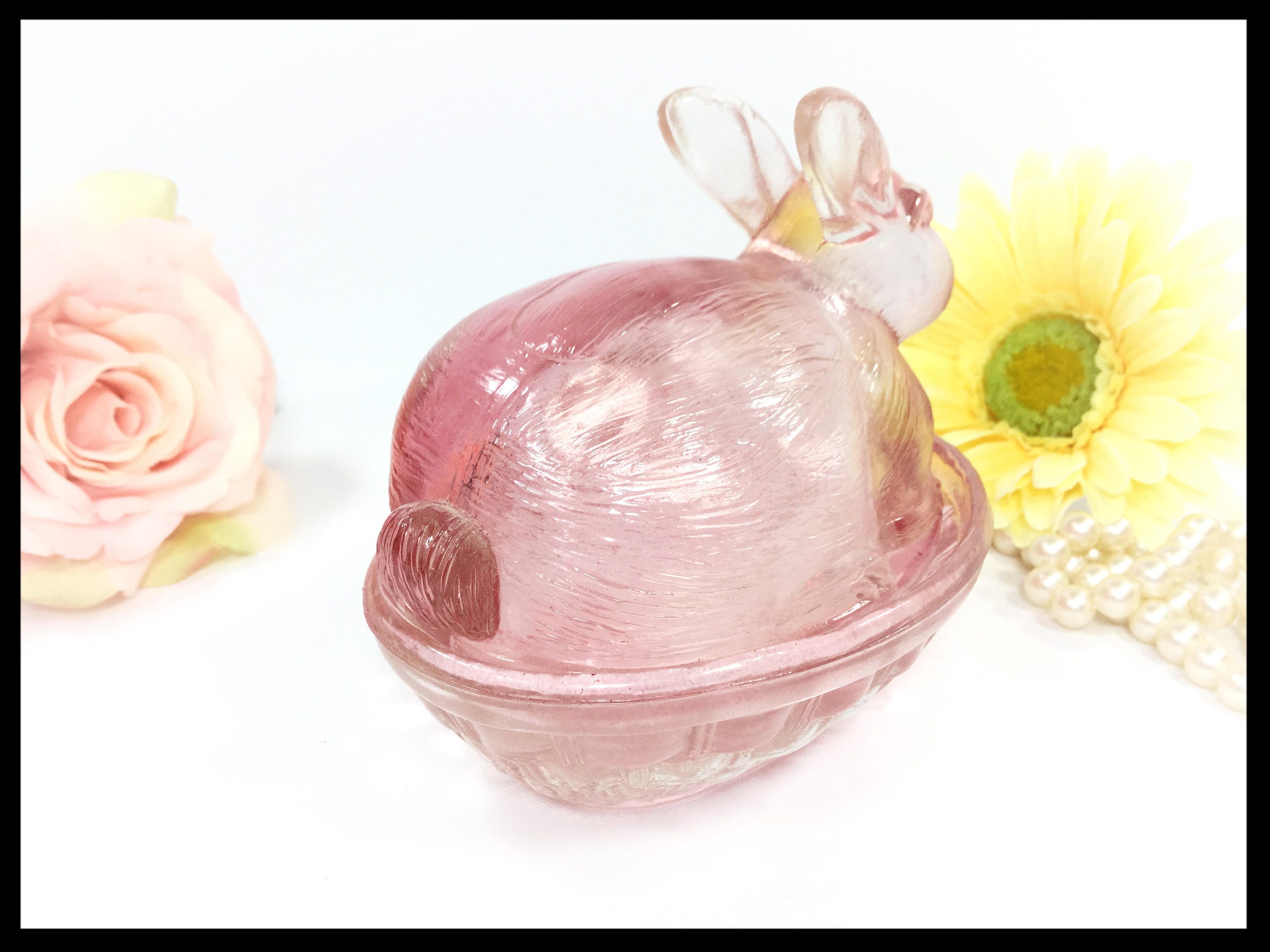 Pink Bunny Depression Glass Jar, Pink Glass Rabbit Jar, Powder Jar ...