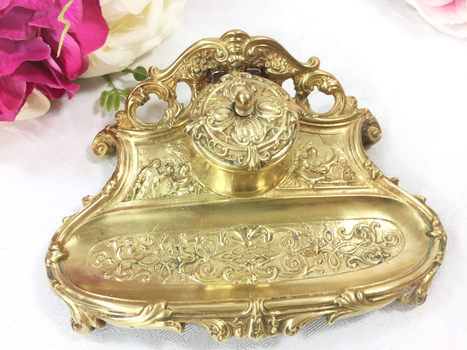 Ornate Brass Victorian Inkwell W/ Pen Tray, Victorian Inkwell for Dip ...