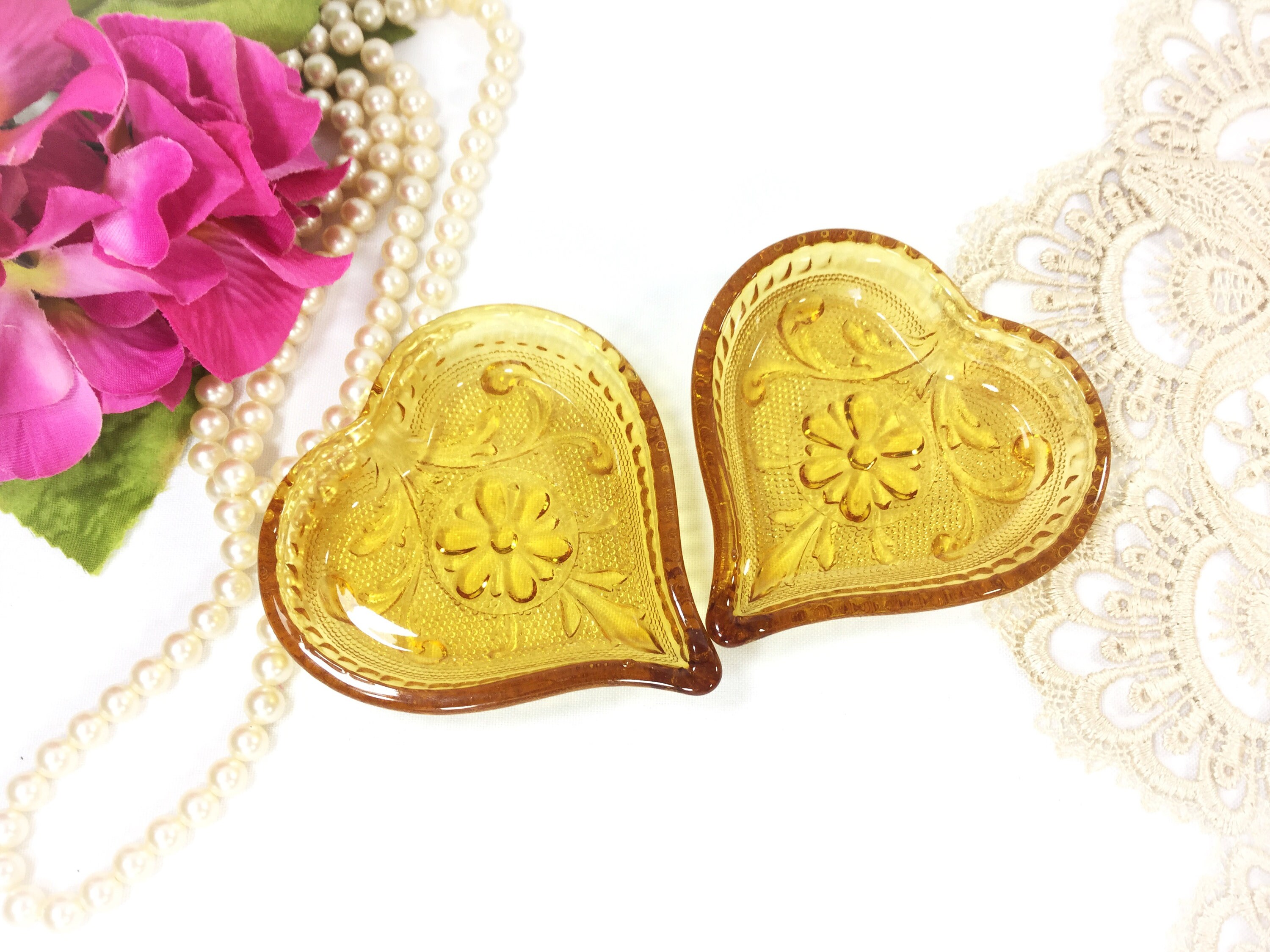 Set of 2 Amber Tiara Heart Shaped Dishes, Garish Dish, Amber Tiara Nut ...