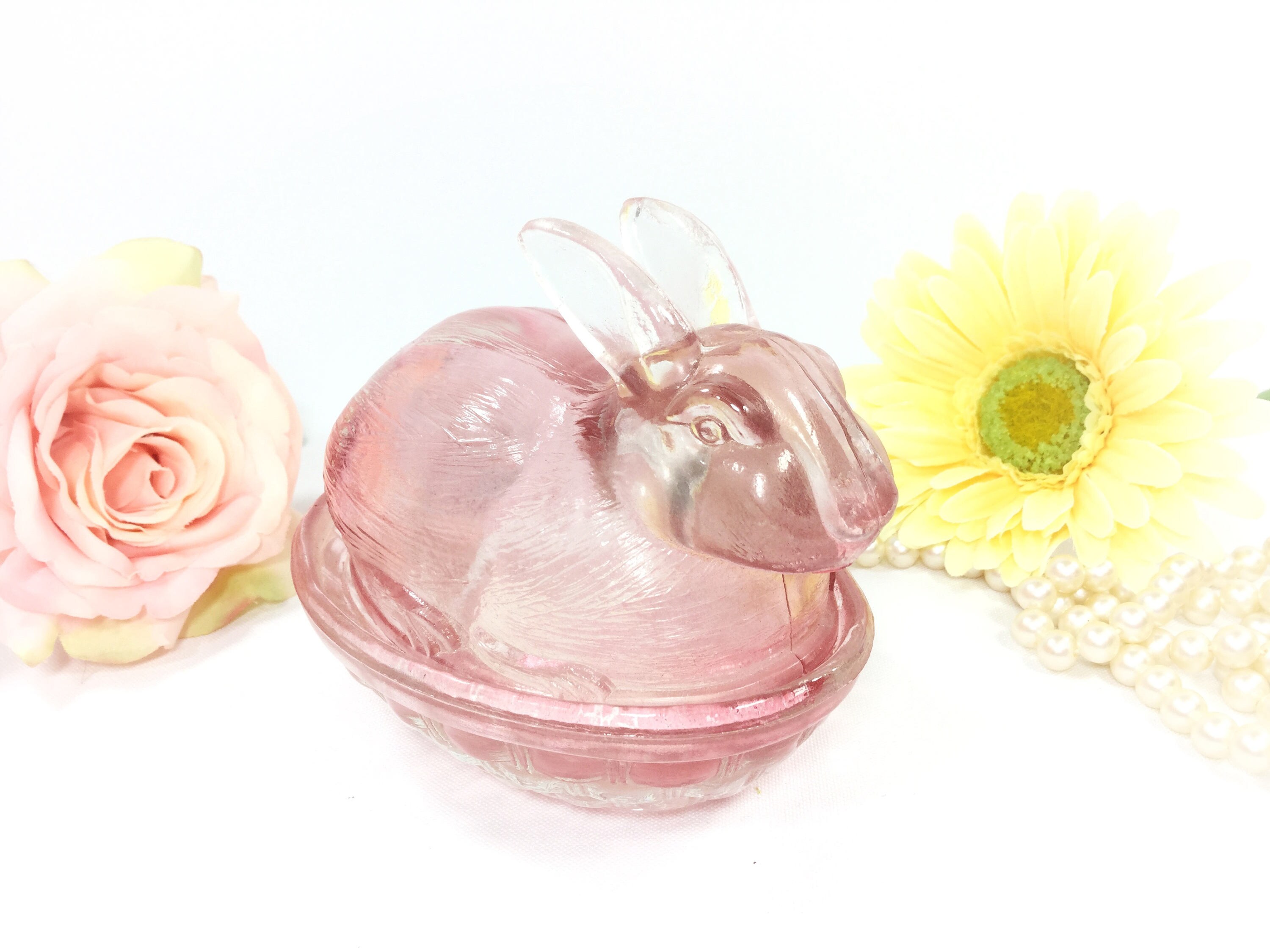 Pink Bunny Depression Glass Jar, Pink Glass Rabbit Jar, Powder Jar ...