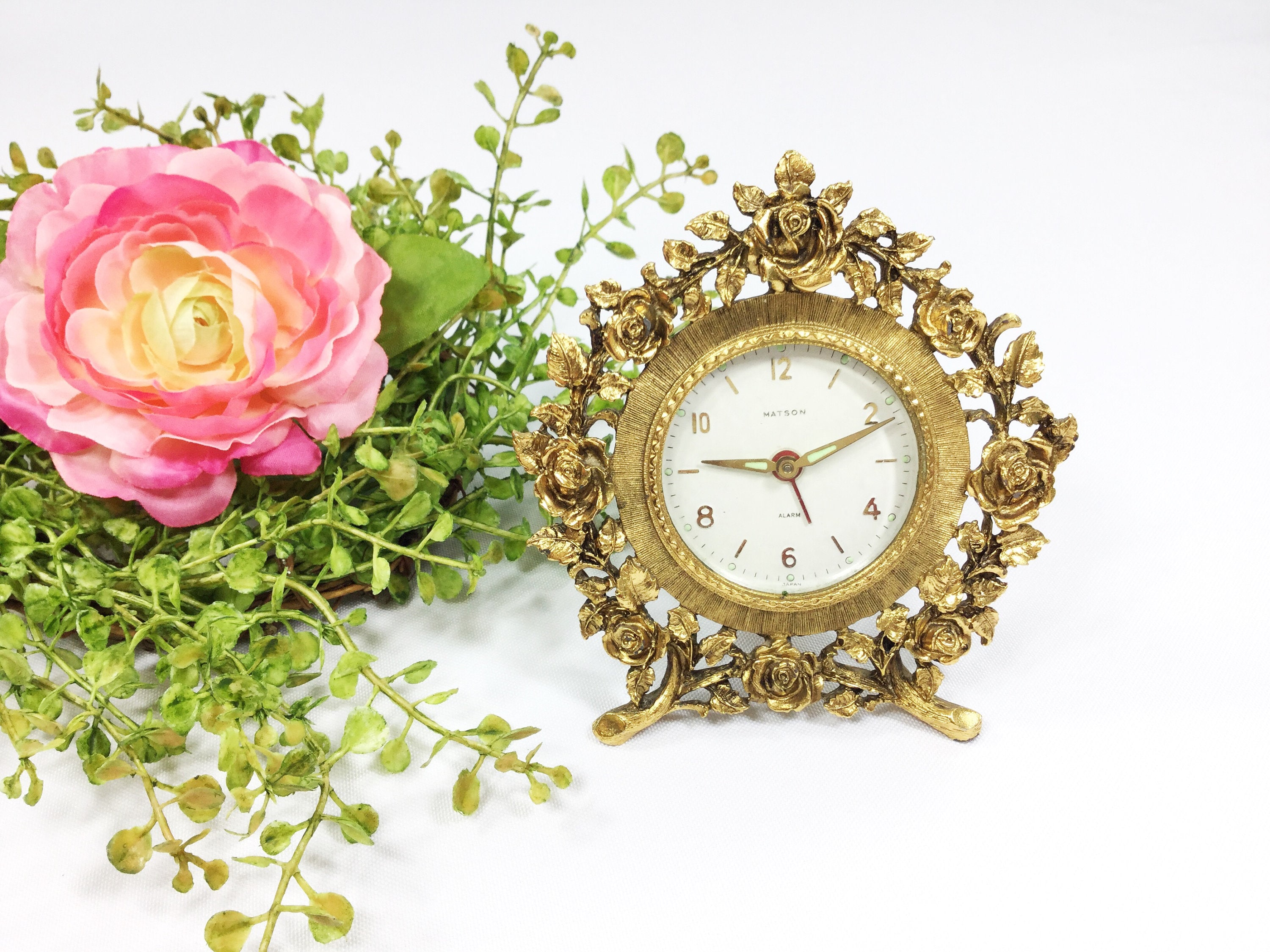 Vintage 24K Gold Ormolu Matson Wind Up Clock, Ornate Matson Ormolu Rose ...