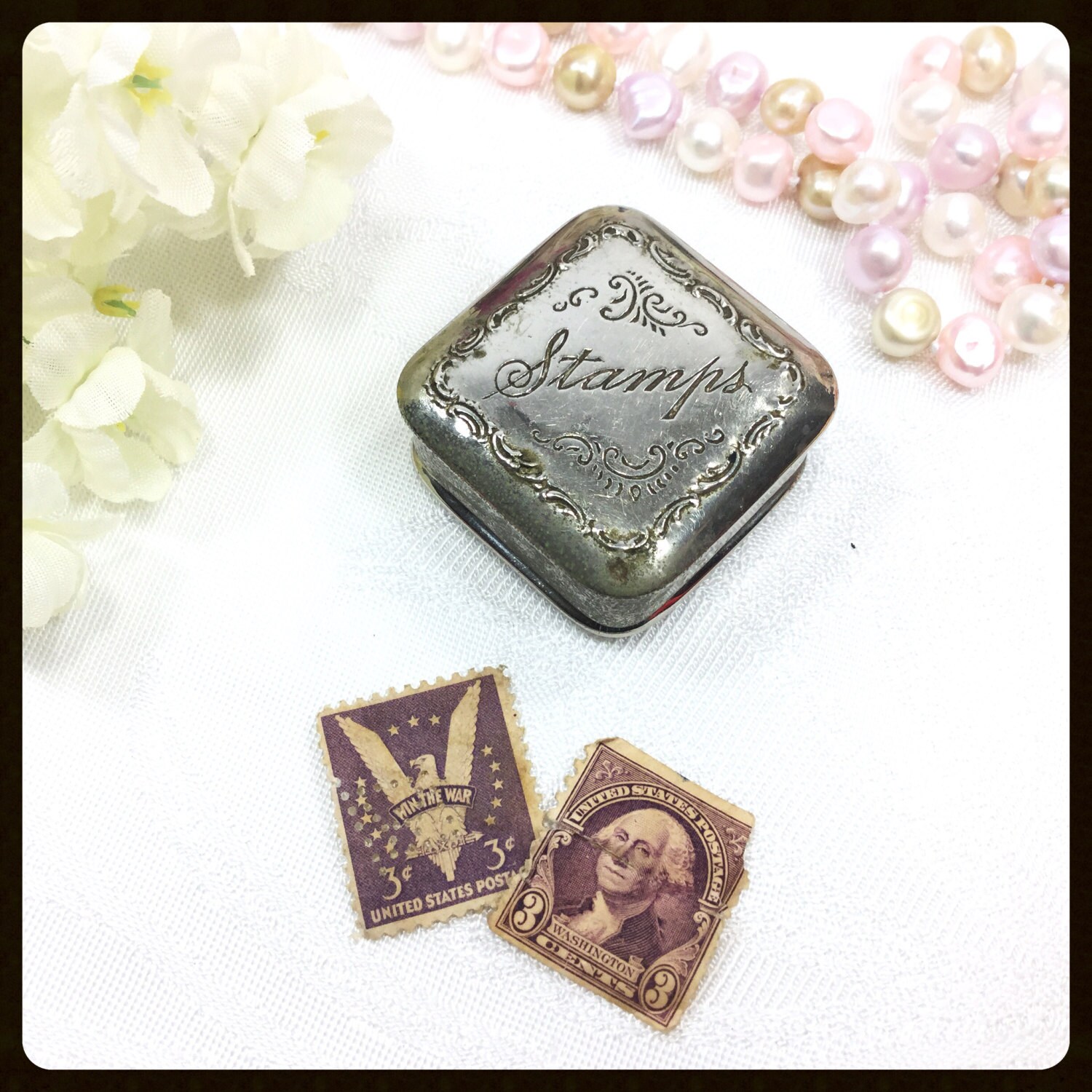 Antique Silver Plate Repousse Box For Stamps, Silver Plate Stamp Box #A746