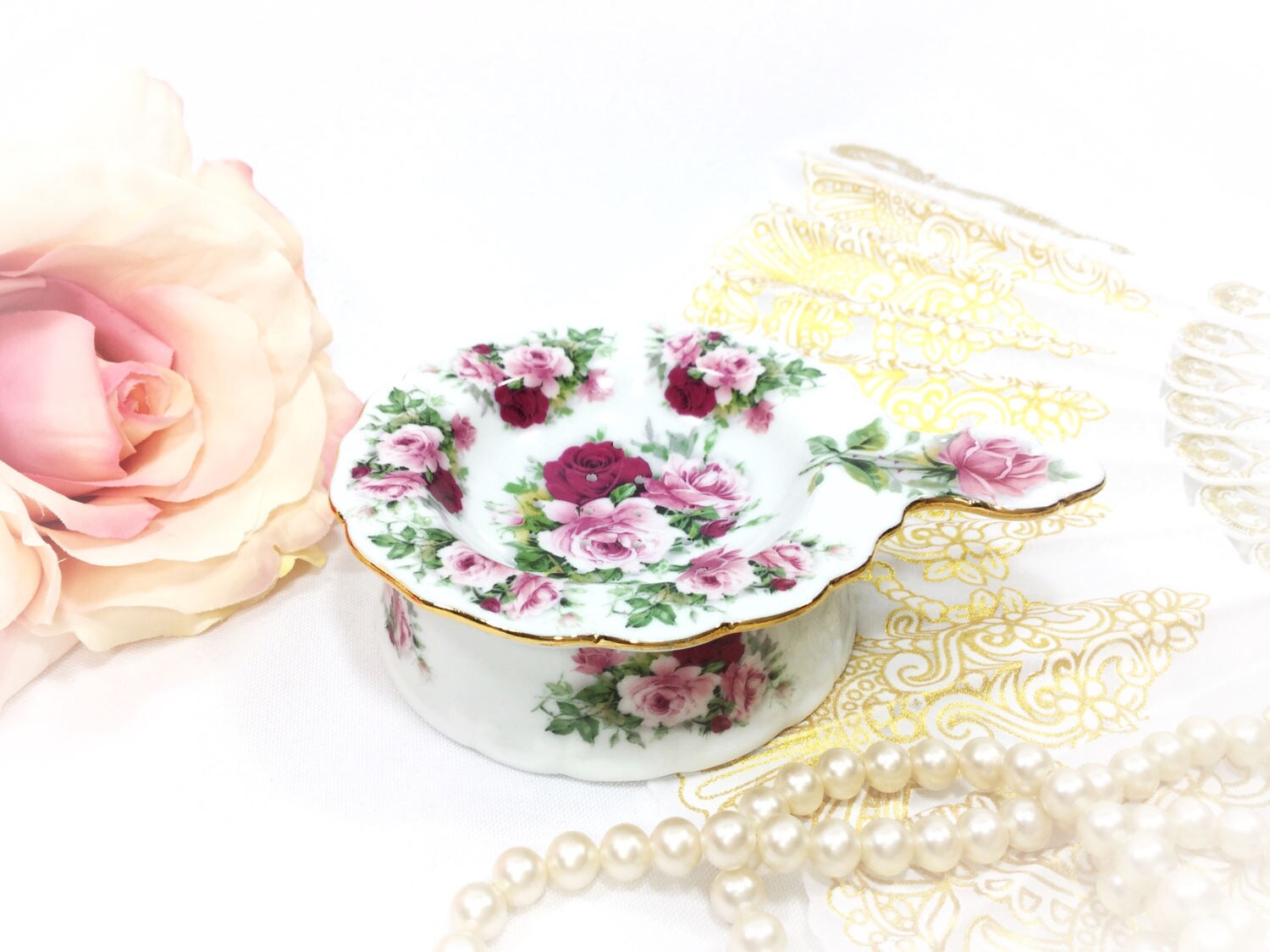 RESERVED- Victorian Inspired Tea Strainer, Pink Roses Porcelain Tea ...