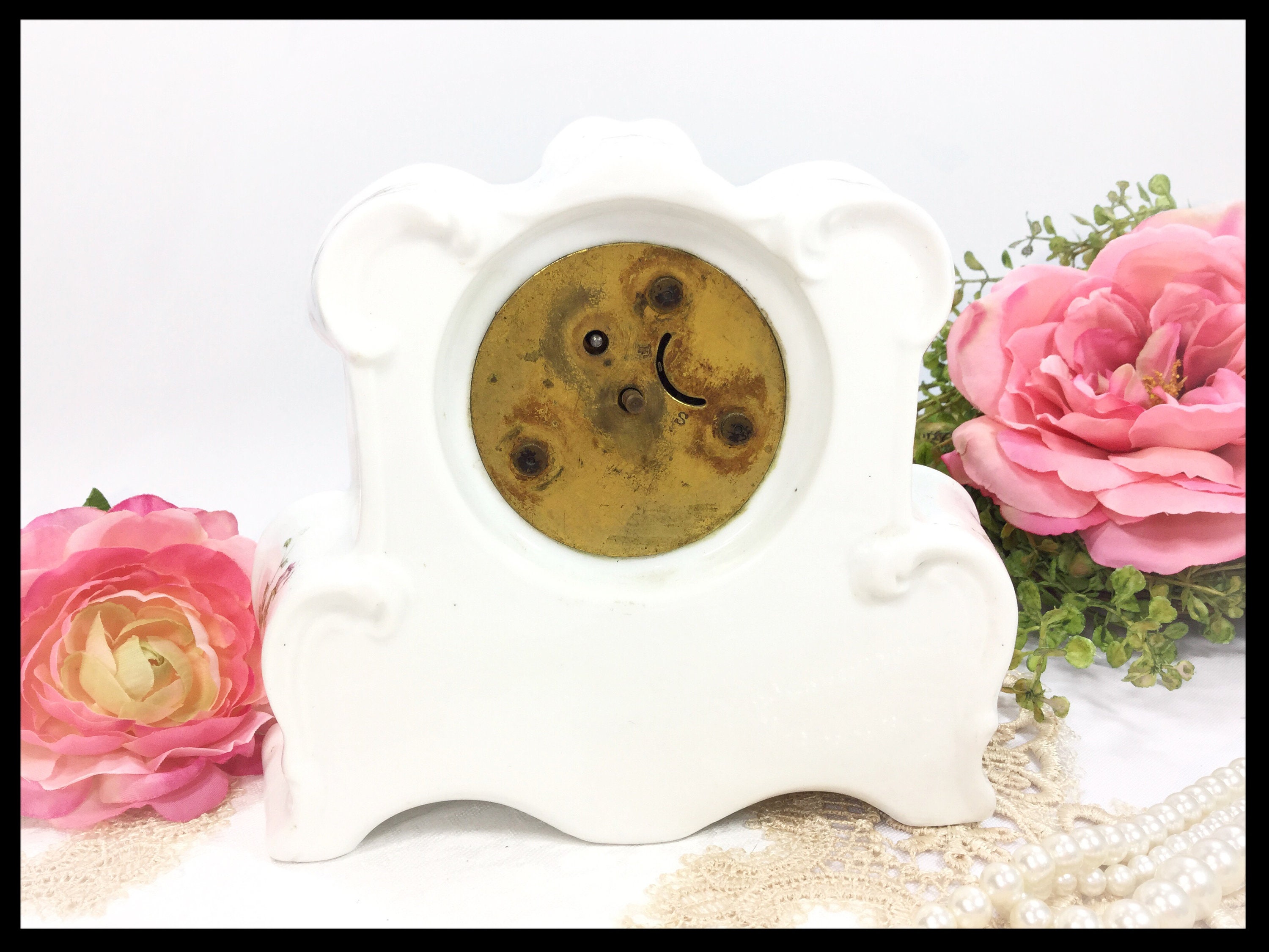New Haven Pink Floral Victorian Style Boudoir Mantel Porcelain Wind Up ...