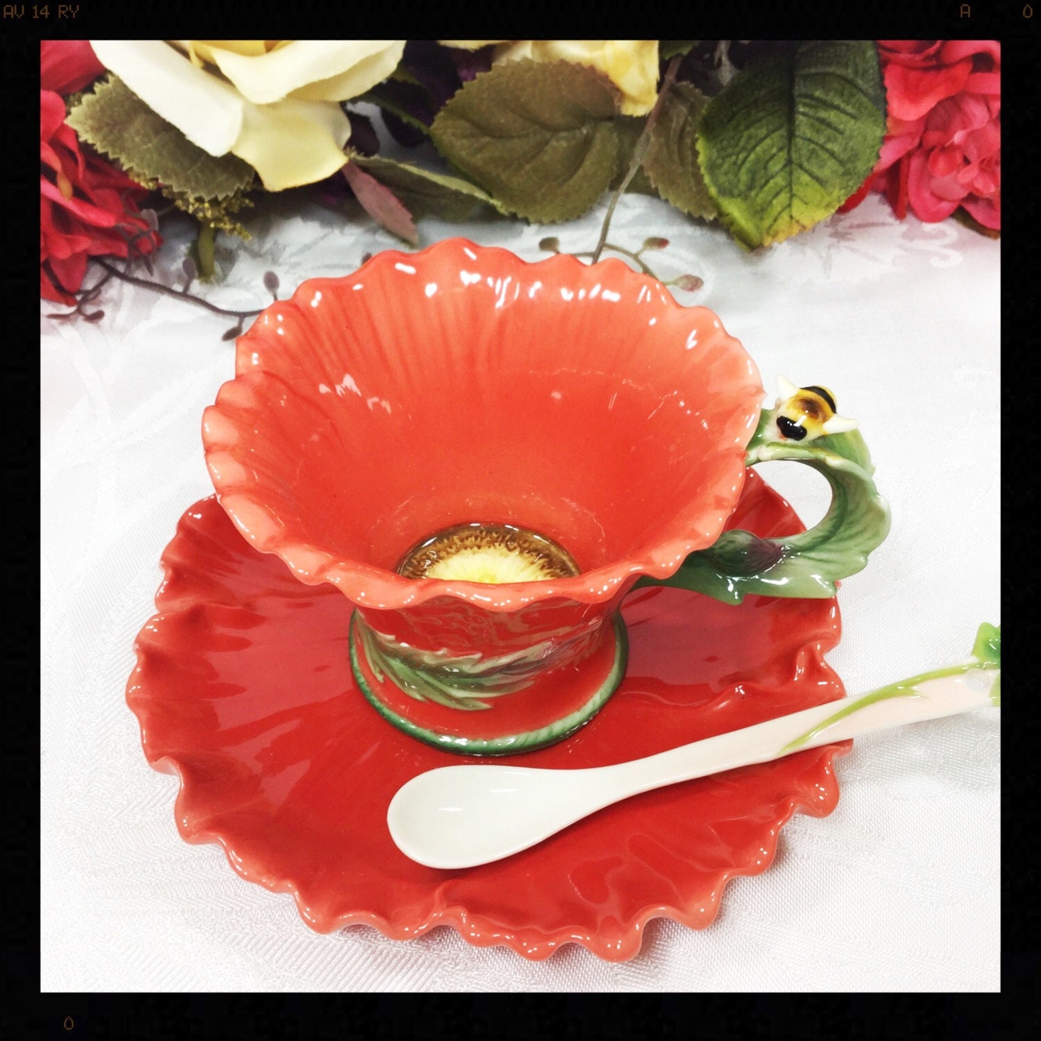 Ceramic Red Flower Tea Trio, Tea Service, Tea Set Cup, Saucer, Spoon ...