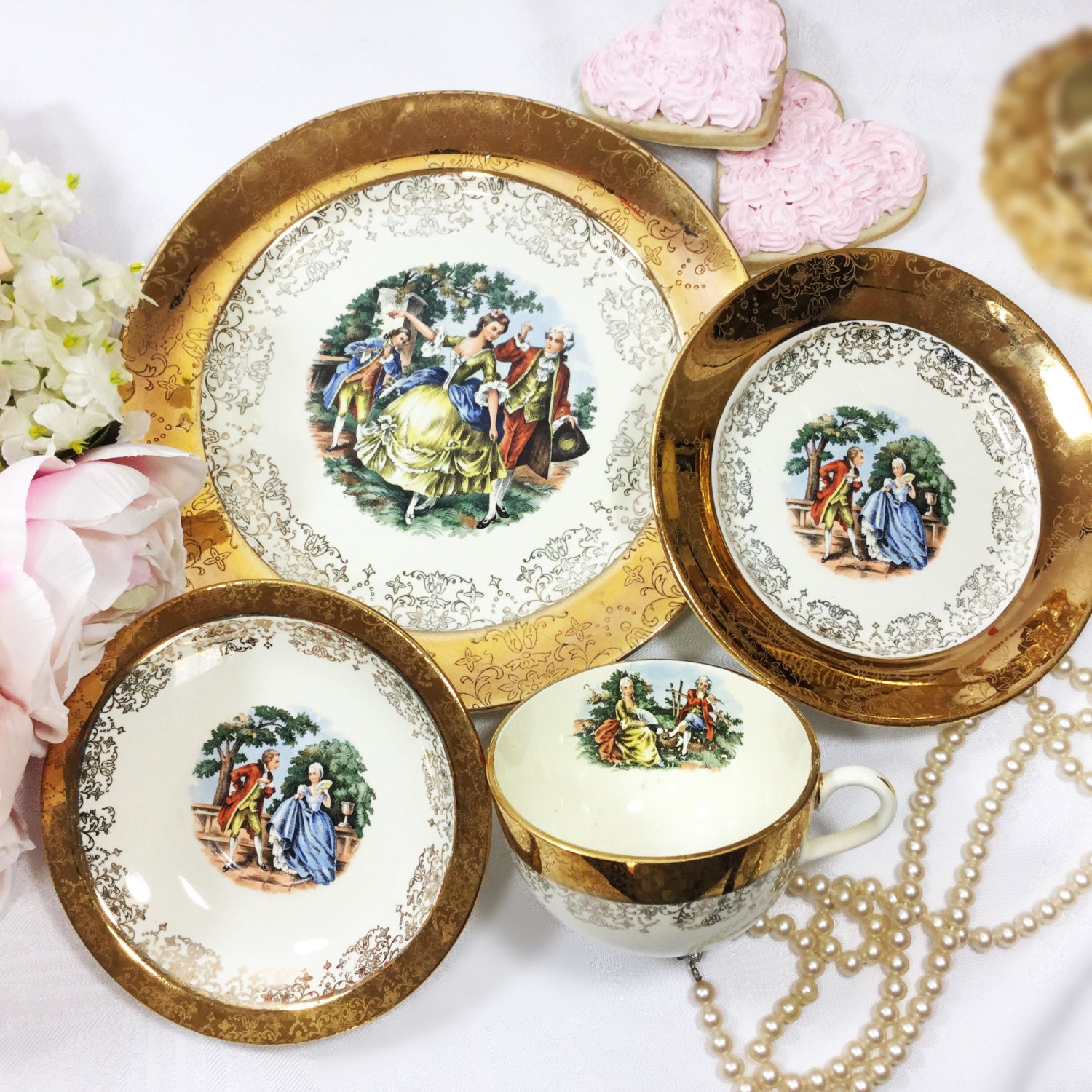 22 kt Gold Handpainted 4 Piece Colonial Couple, Fragonard, Love Story ...