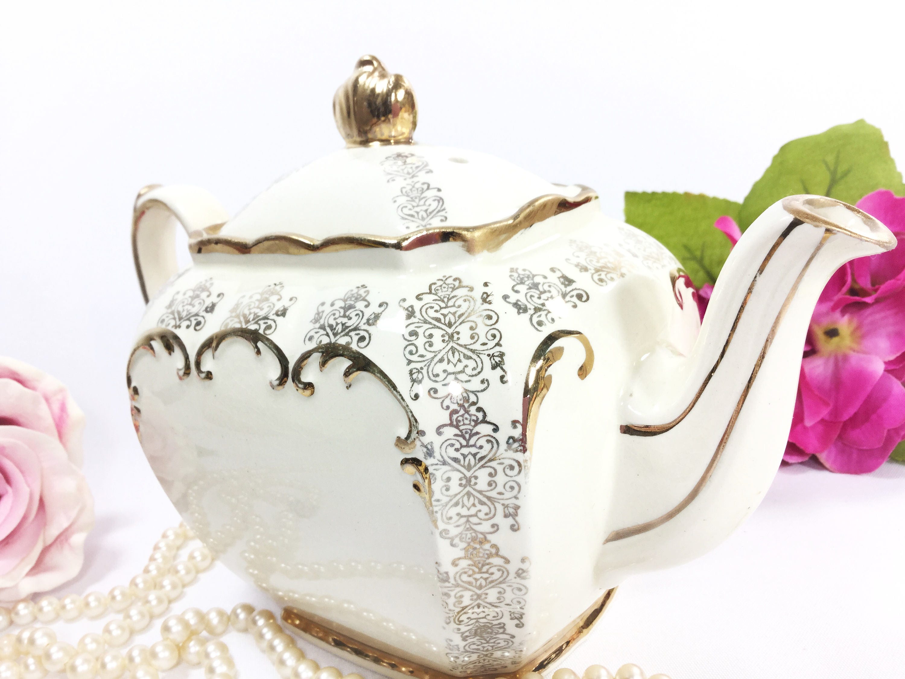Gorgeous Cubed Sadler English Floral Gilt Teapot, Sadler Teapot, Cubed ...