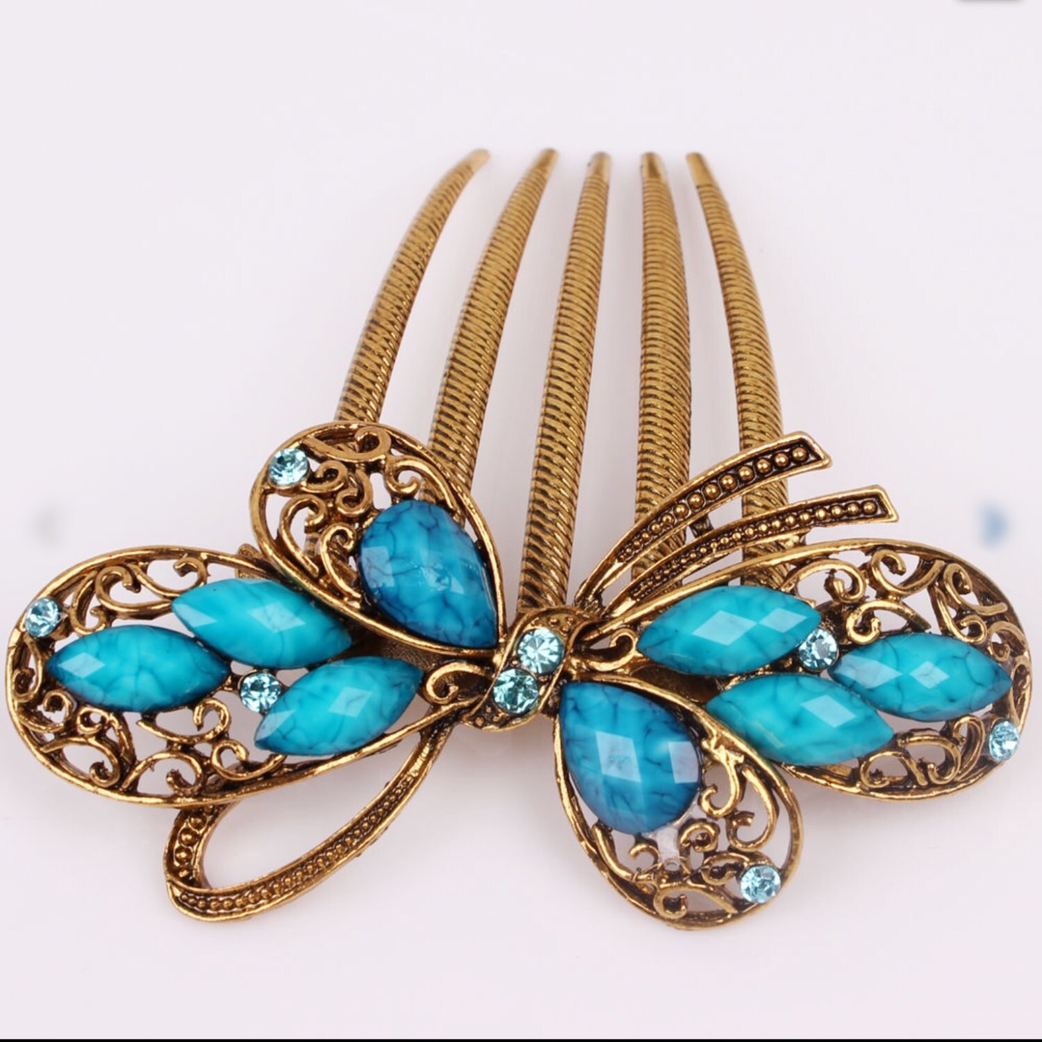 Austrian Crystal Antique Blue & Gold Colored Bow Hair Comb Pin ...