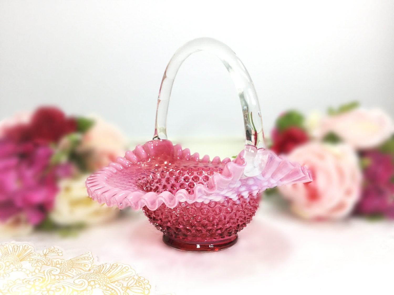 Signed Fenton Mid Century Pink Hobnail Brides Basket, Pink Fenton ...