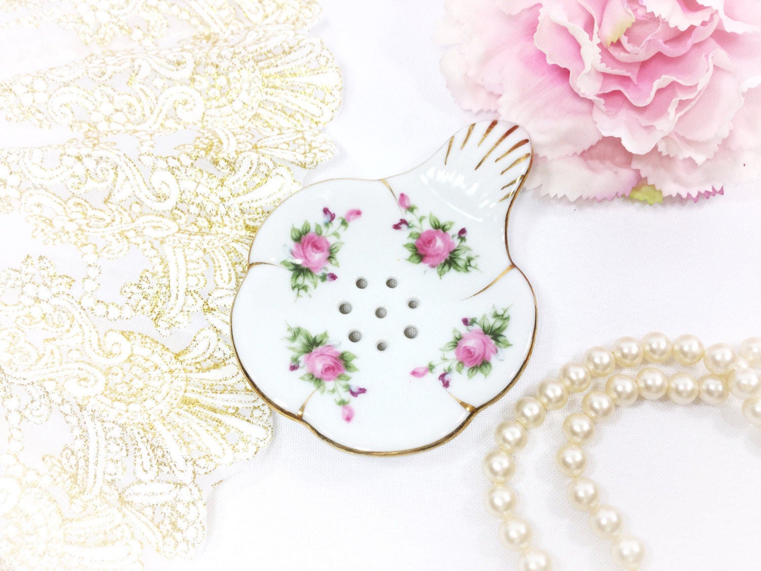 Nippon Inspired Porcelain Pink Rose Tea Strainer For Tea Time, Rose Tea ...