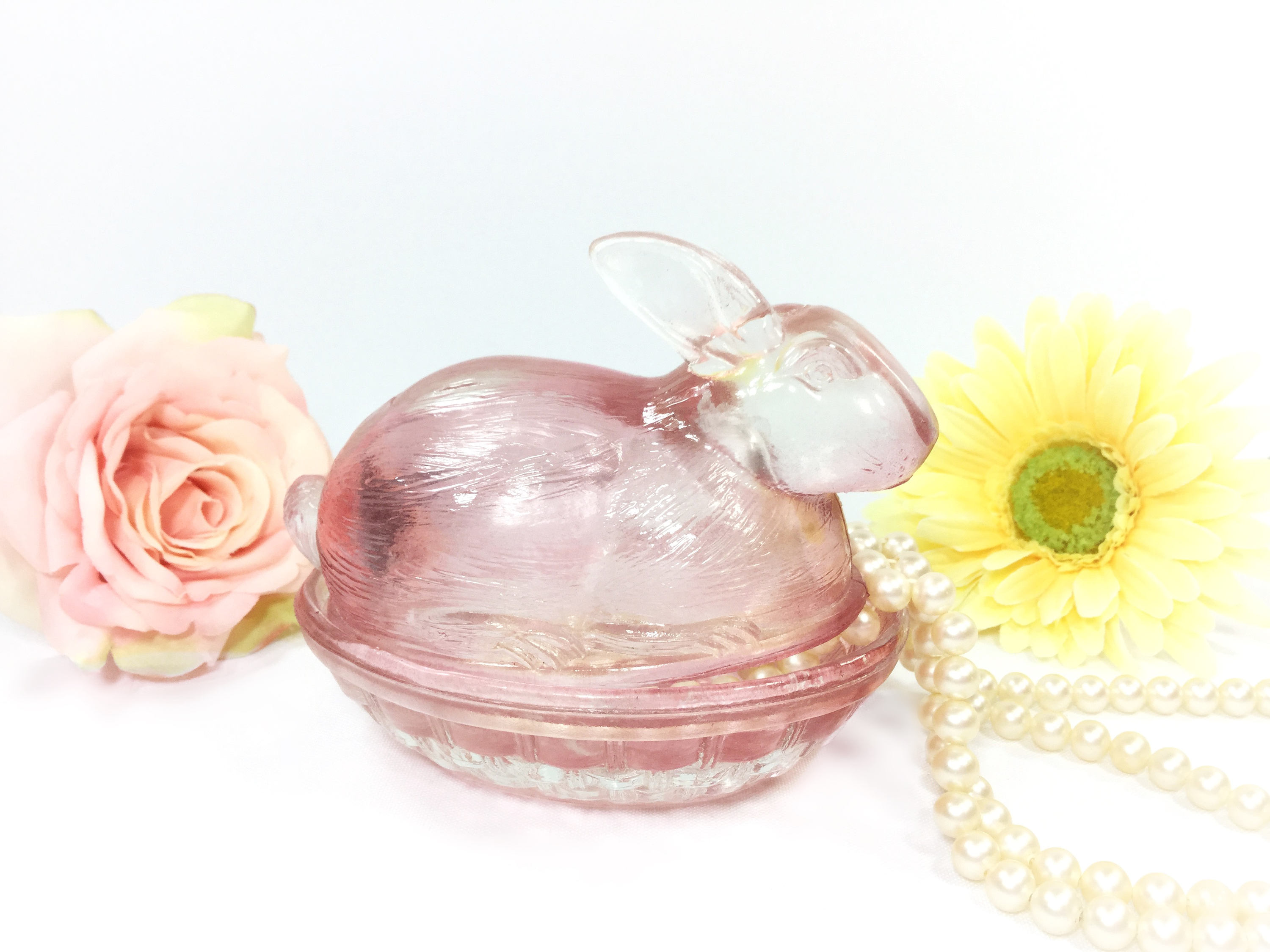 Pink Bunny Depression Glass Jar, Pink Glass Rabbit Jar, Powder Jar ...
