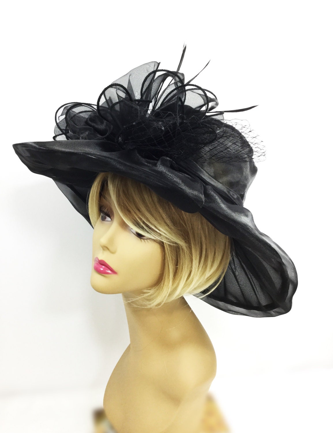 Elegant Ladies Sheer Black Ribbon Tea Party Hat, Summer Hat, Dress Up ...