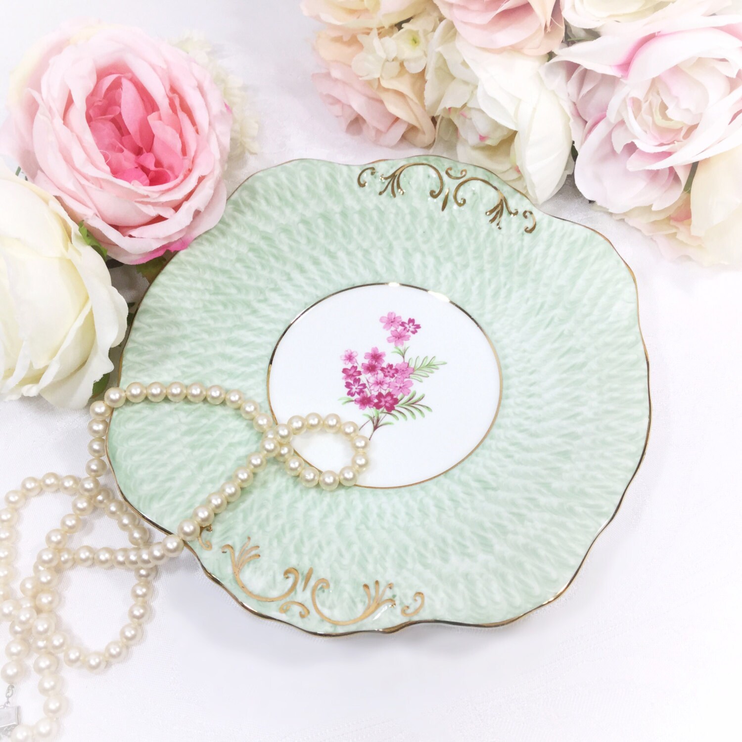Dakin Pink Floral Gilt Bone China English Cake Plate, Fine Bone China ...
