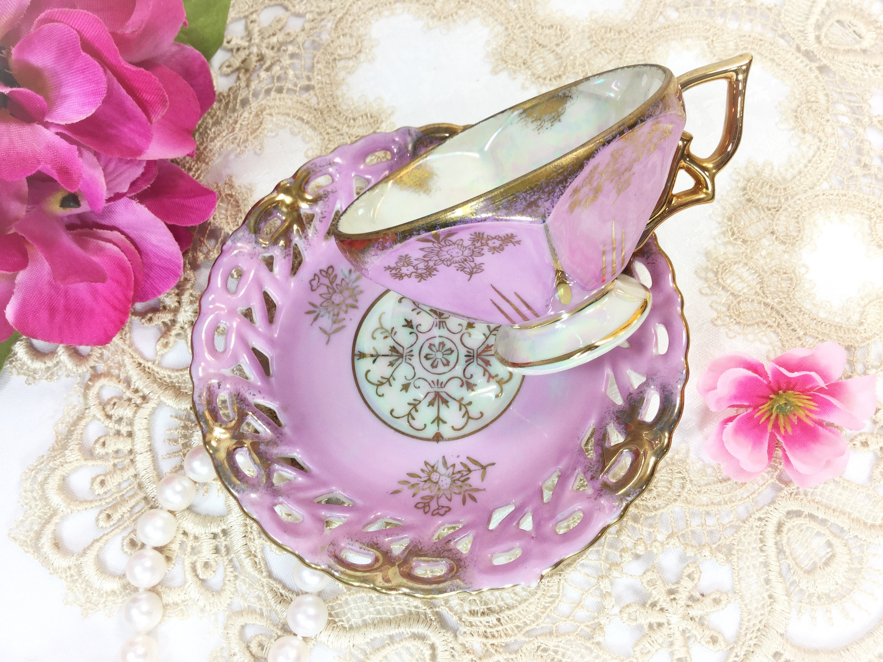 Beautiful Vintage Pink Lusterware Footed Cup & Reticulated Saucer, Pink ...