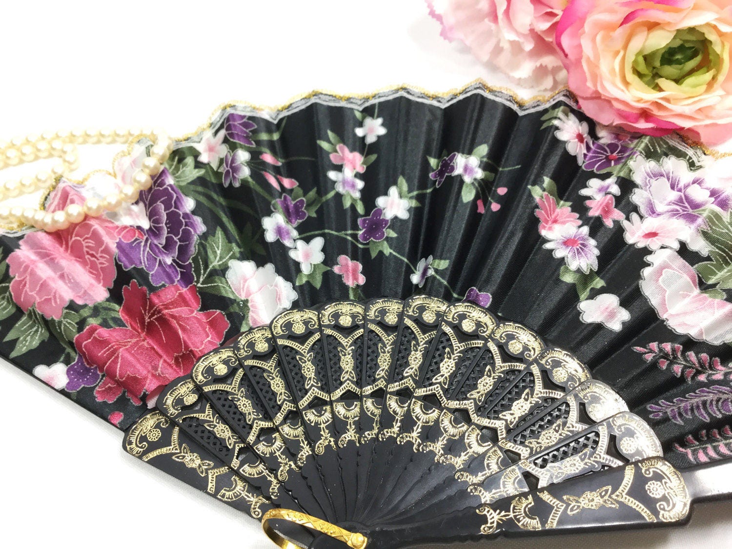Black Floral Spanish Lace Fan, Black Floral Folding Fan, Black Floral ...