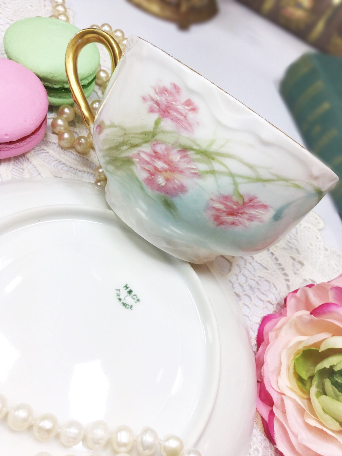 Handpainted H & C Floral French Tea Cup and Saucer, Gilt, For Wedding ...