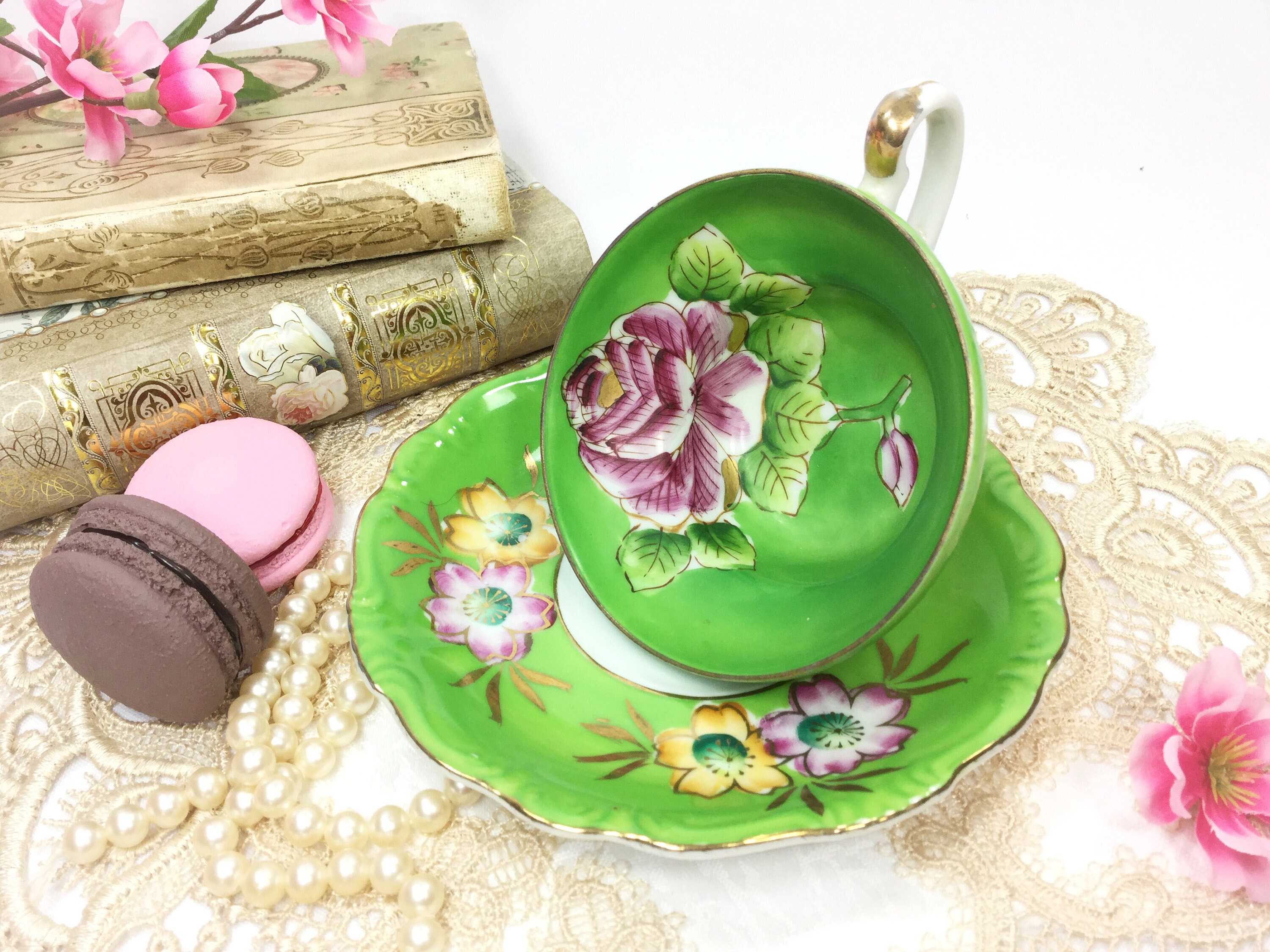 Lovely Green Hand-painted Floral 3-Footed China Teacup, and Saucer ...