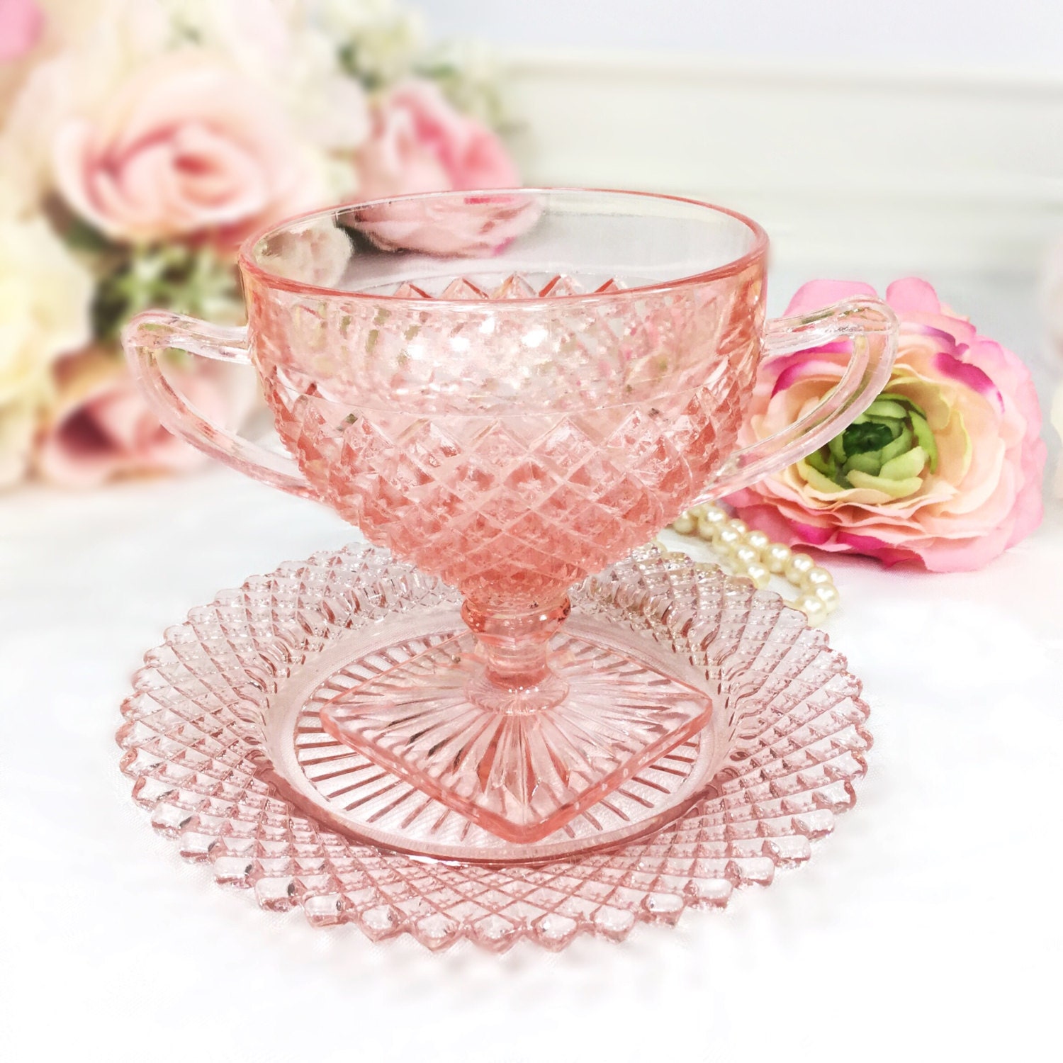 5 Sets Miss America Pink Depression Diamond Point Footed Sherbert Cups ...