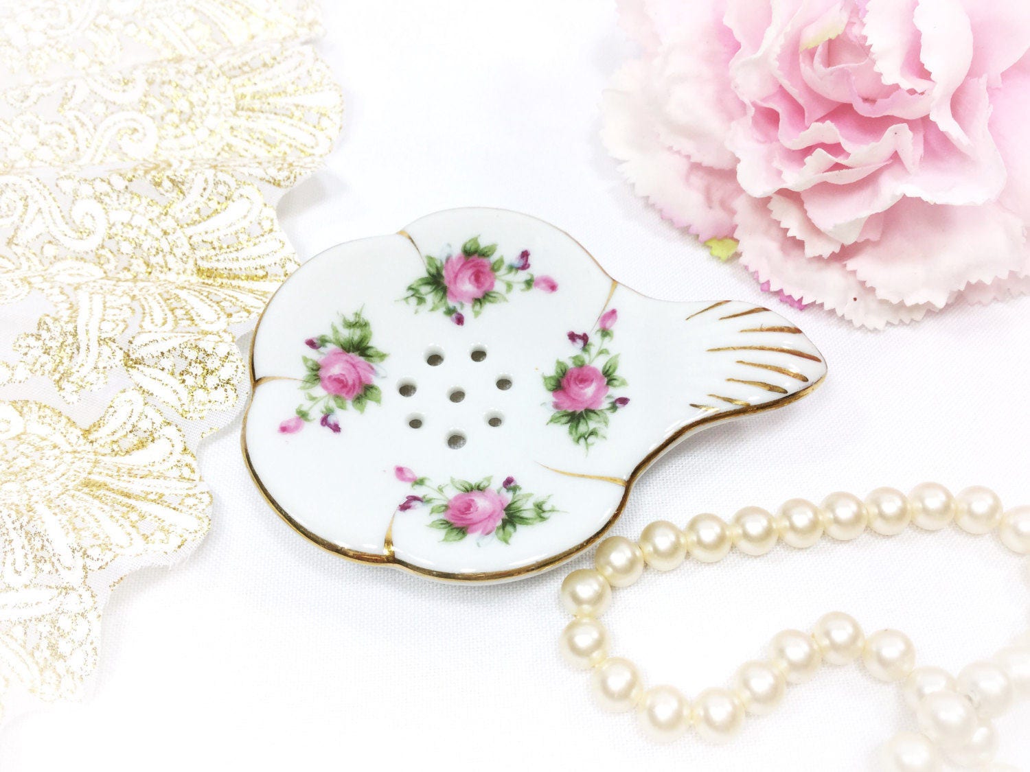 Nippon Inspired Porcelain Pink Rose Tea Strainer For Tea Time, Rose Tea ...