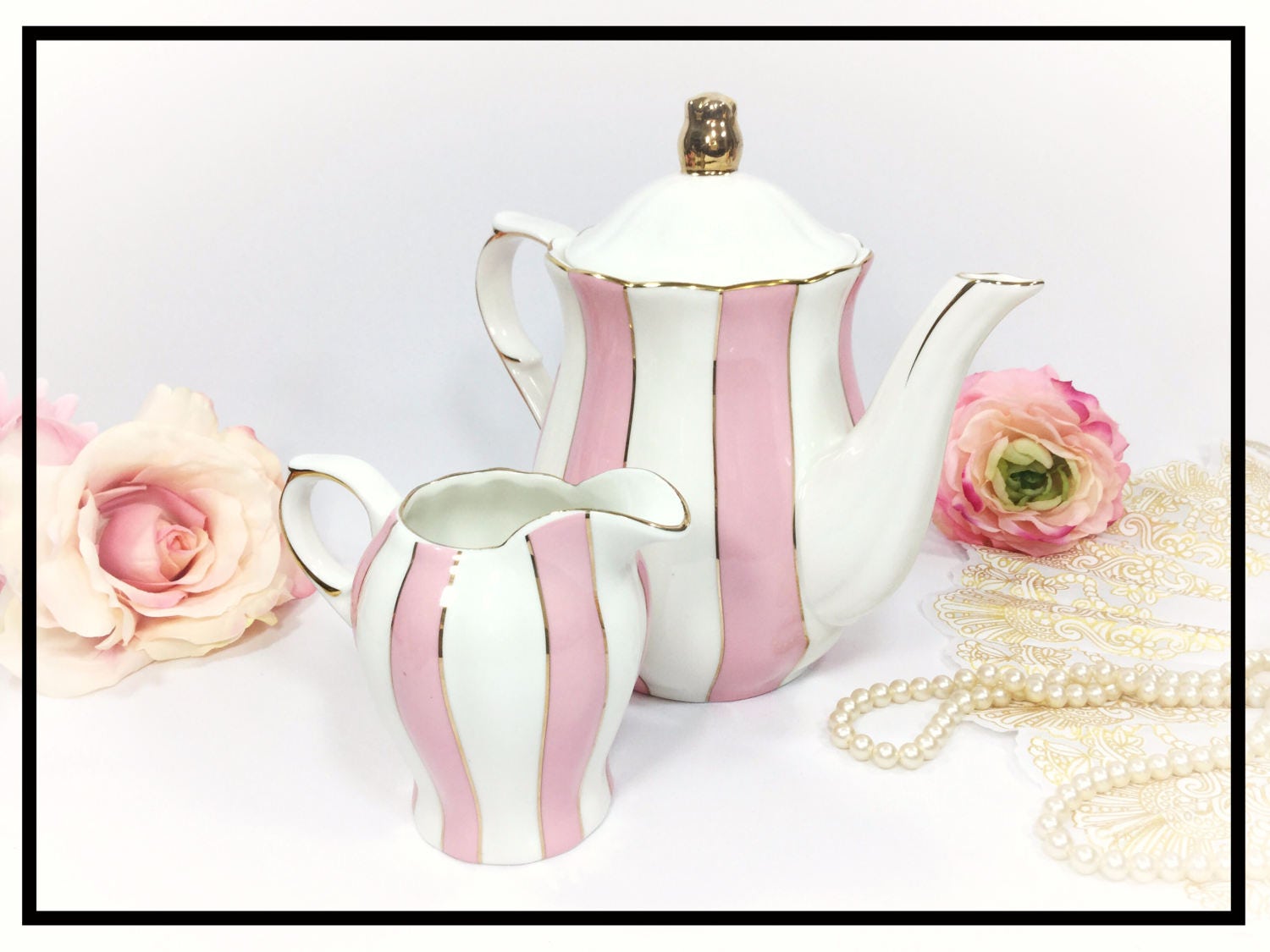 Pink White Striped Teapot for Tea Set, Pink White Striped Coffee Pot ...