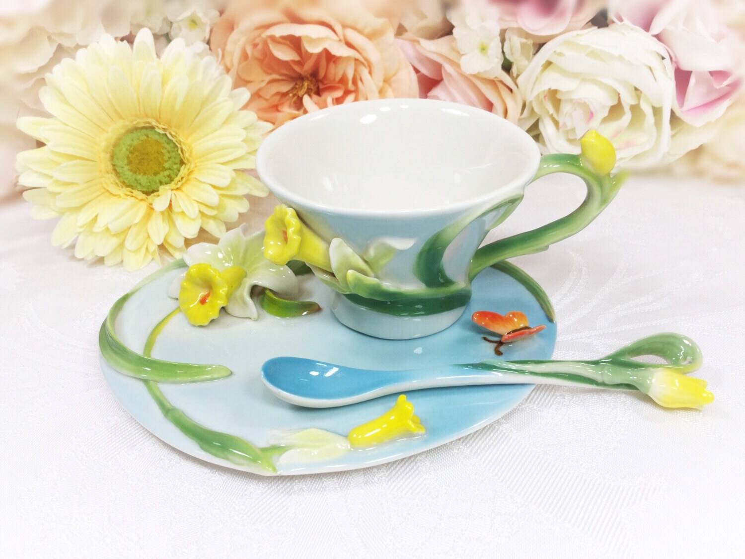 Ceramic Yellow Daffodil Flower Tea Trio, Tea Service, Tea Set, Cup ...