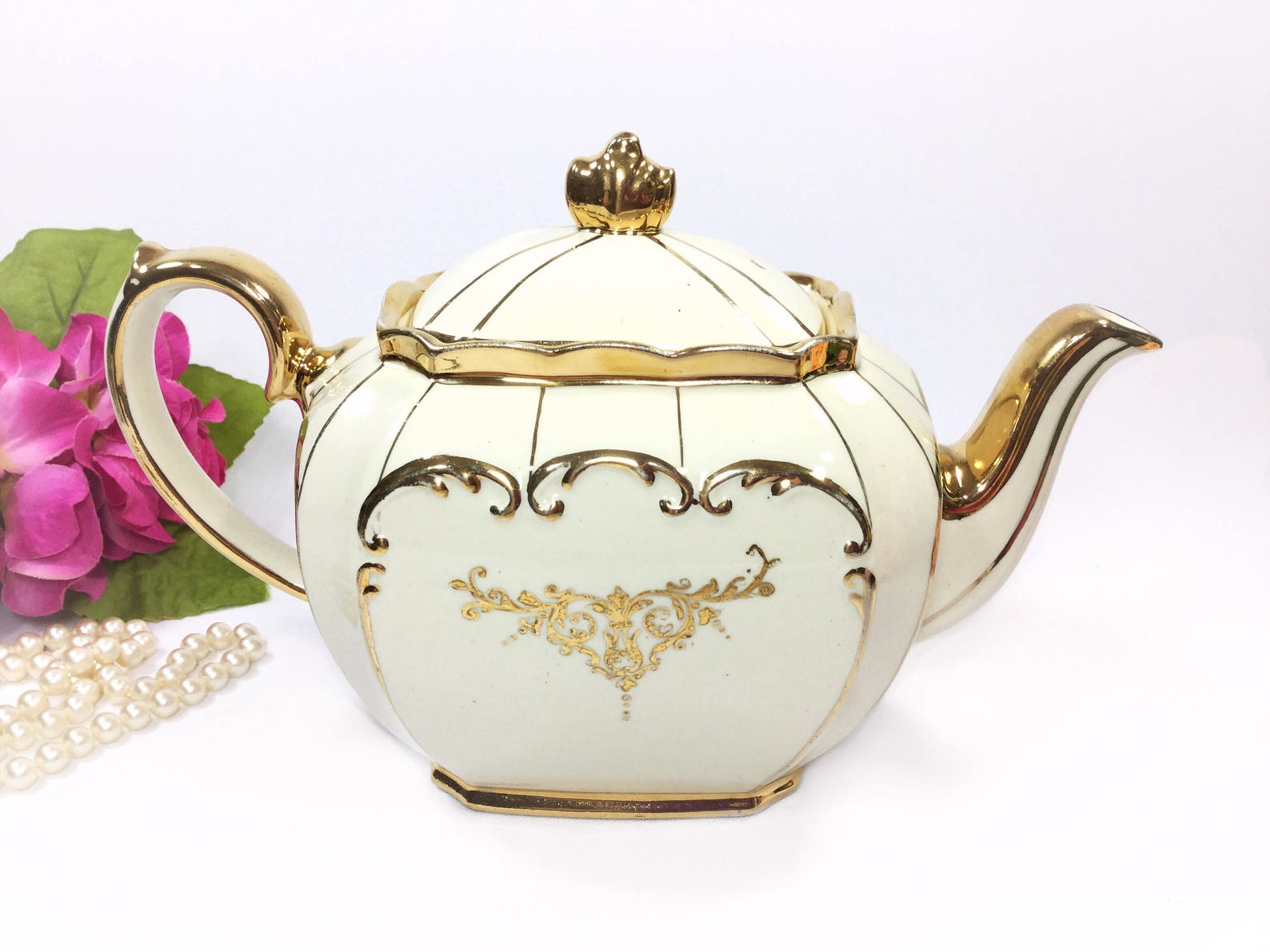 Vintage Sadler Teapot, Cubed Shape, Gold Filigree, English Collectible ...