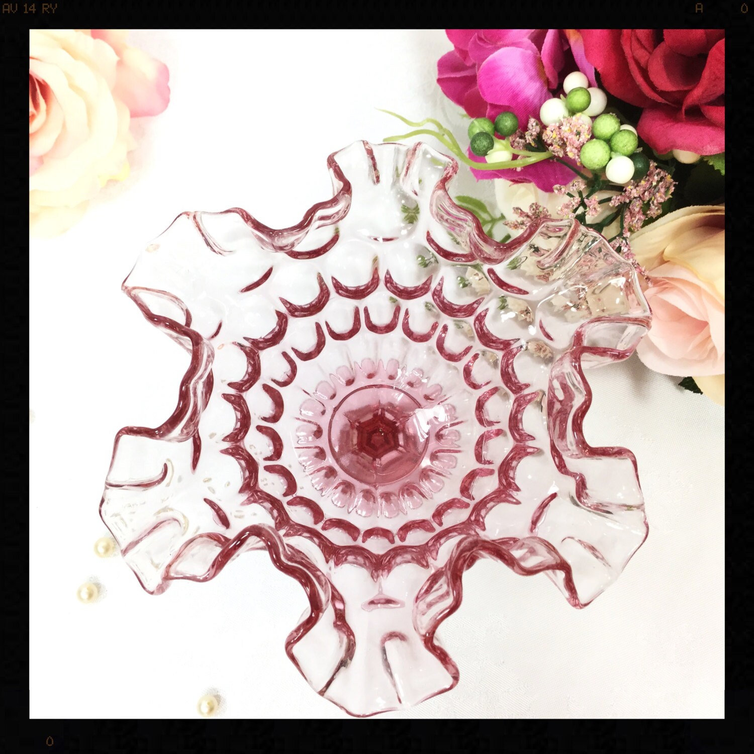 Fenton Pink Thumbprint Footed Compote, Pink Fenton Ruffled Compote ...