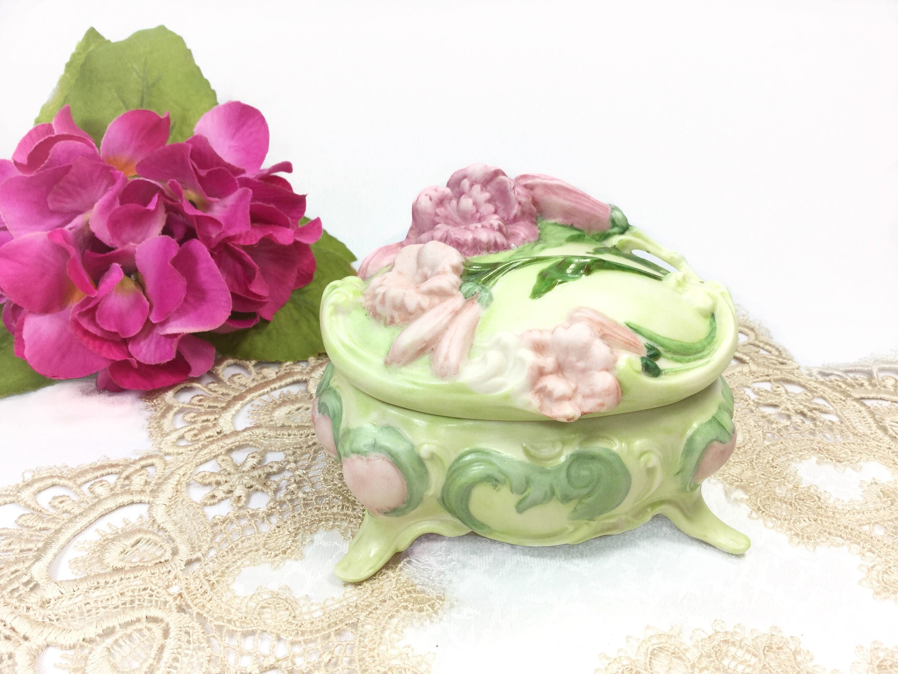 Green Floral Trinket Box, Garden Victorian Inspired Jewlery Box ...