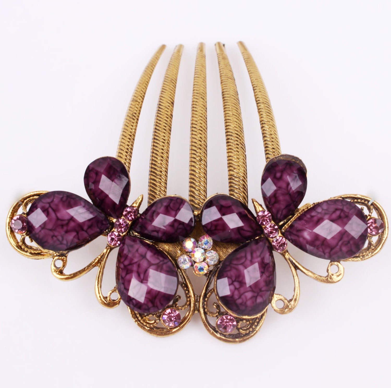 Antique Austrian Crystal Amethyst Colored & Gold Butterfly Hair Comb ...