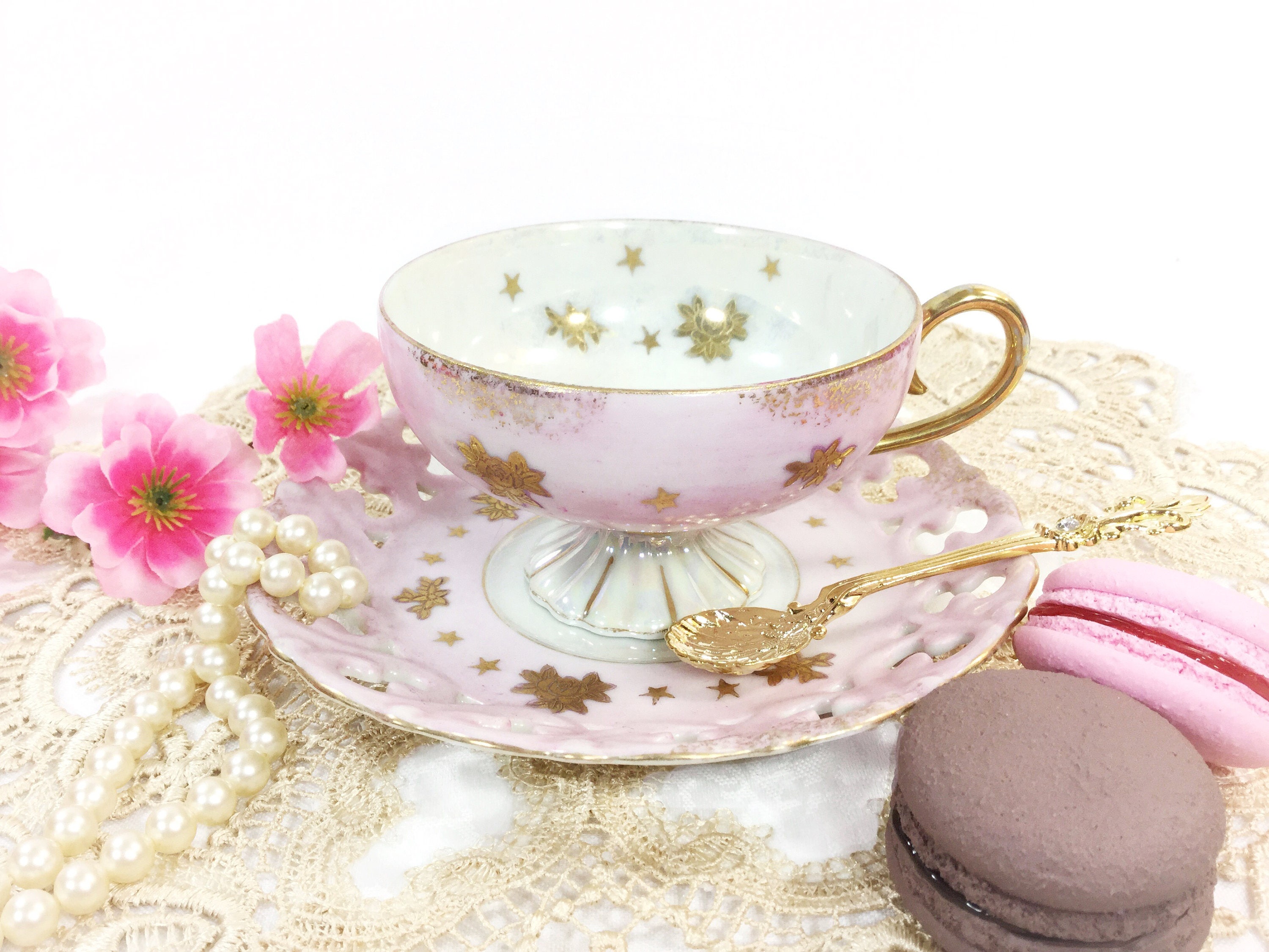 Gorgeous Pink Lusterware Footed Cup & Reticulated Saucer, Pink Tea Set ...