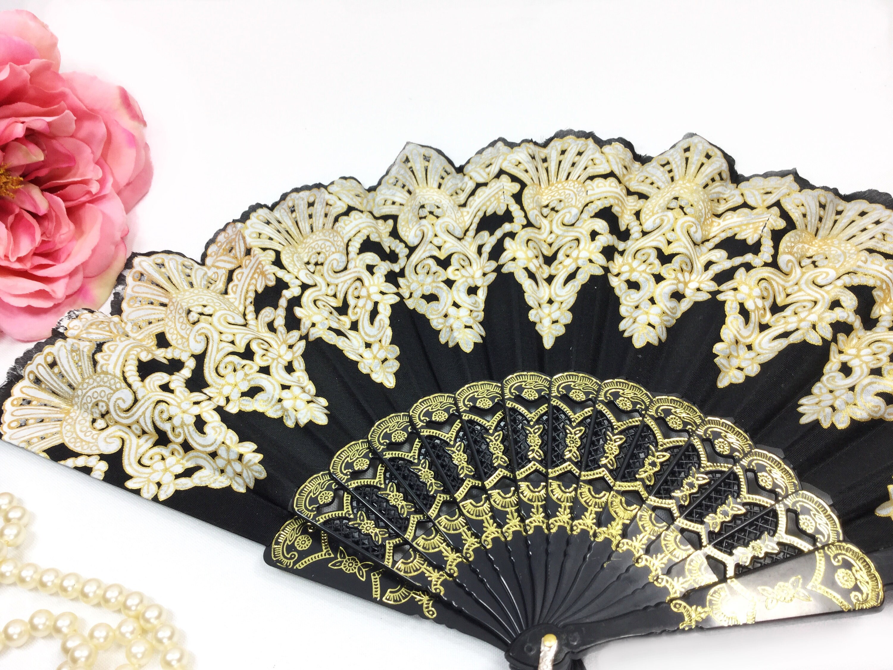 Black & Gold Spanish Floral Folding Fan, Black Gold Hand Fan For ...