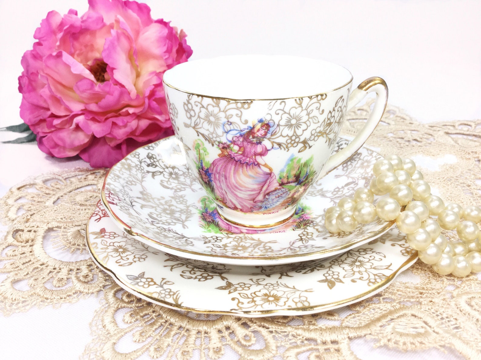 Pinkie English Tea Trio, Fine Bone China, 22kt Gold Accents, Crinoline ...
