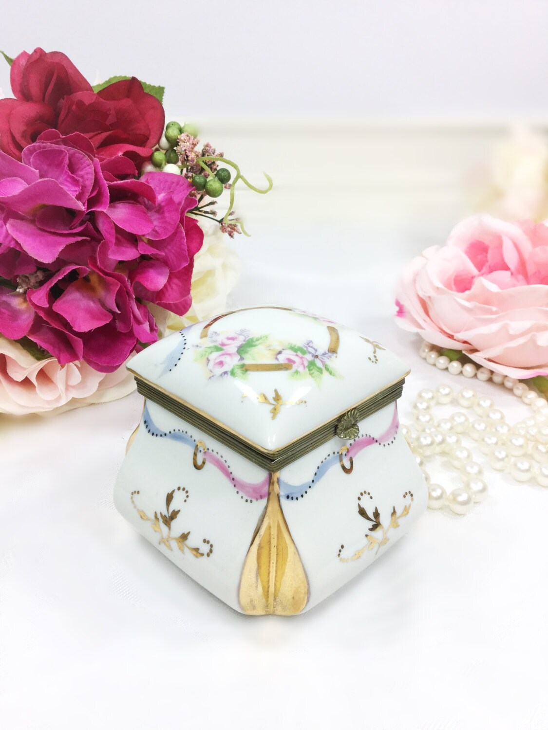 Vintage Floral Porcelain Trinket Box, Jewlery Box, Vanity Box, Gold ...