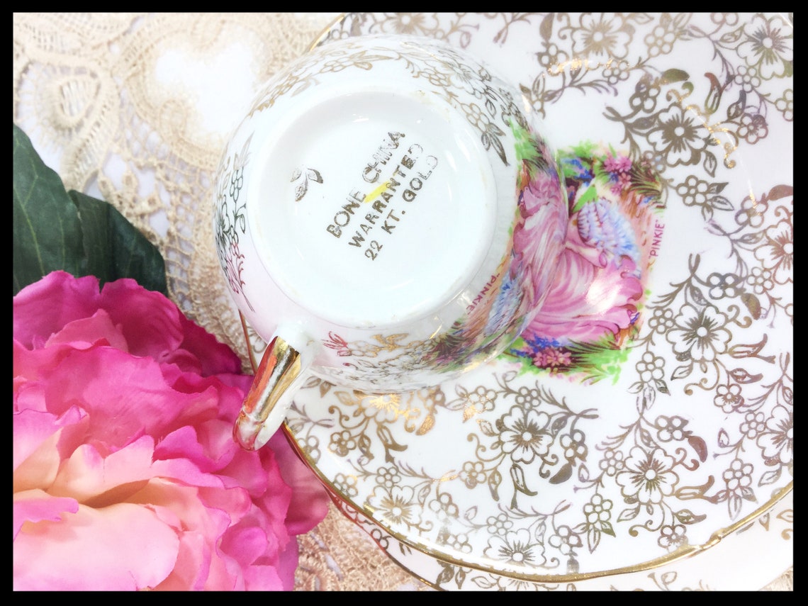 Pinkie English Tea Trio, Fine Bone China, 22kt Gold Accents, Crinoline ...