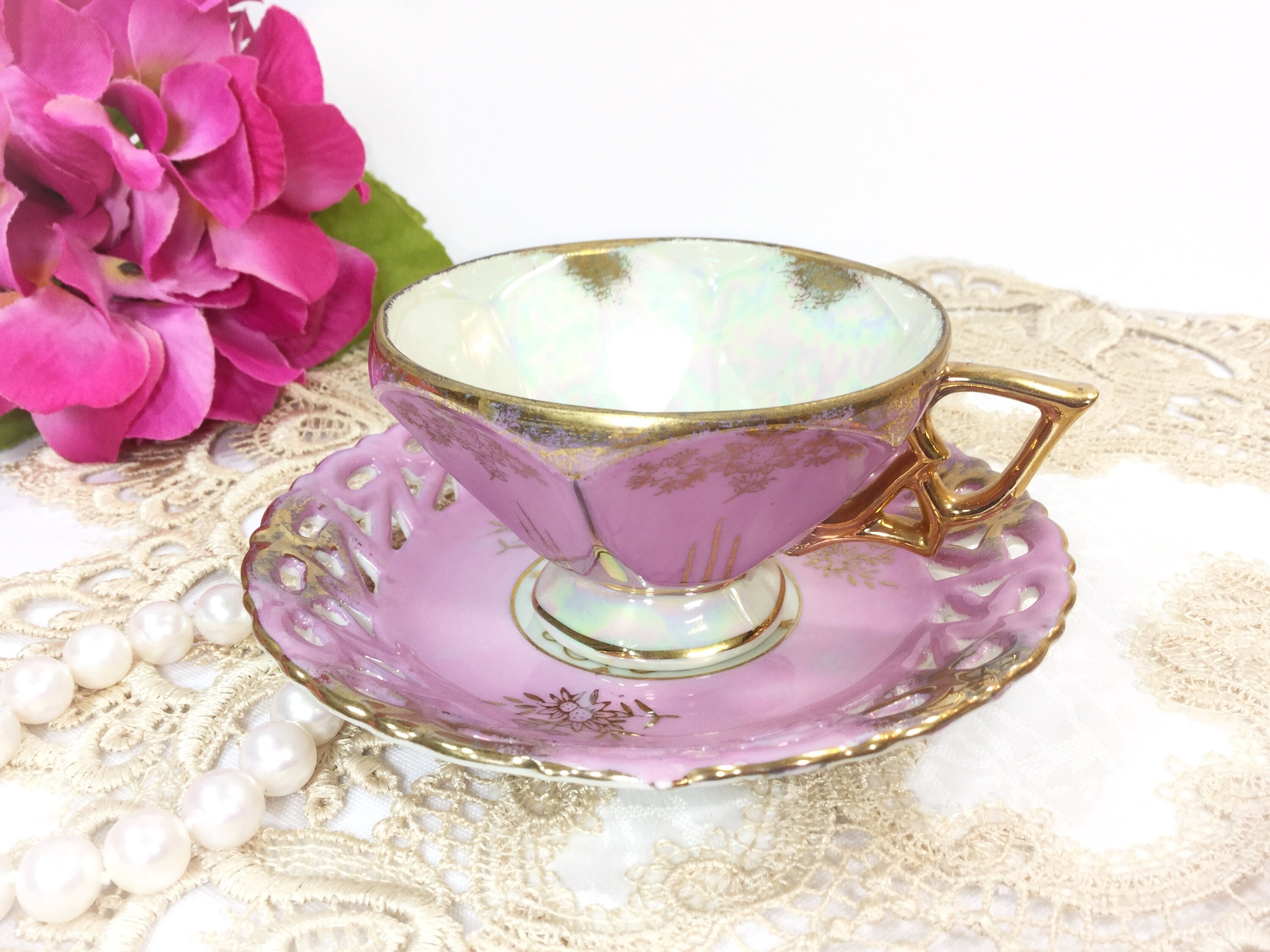 Beautiful Vintage Pink Lusterware Footed Cup & Reticulated Saucer, Pink ...