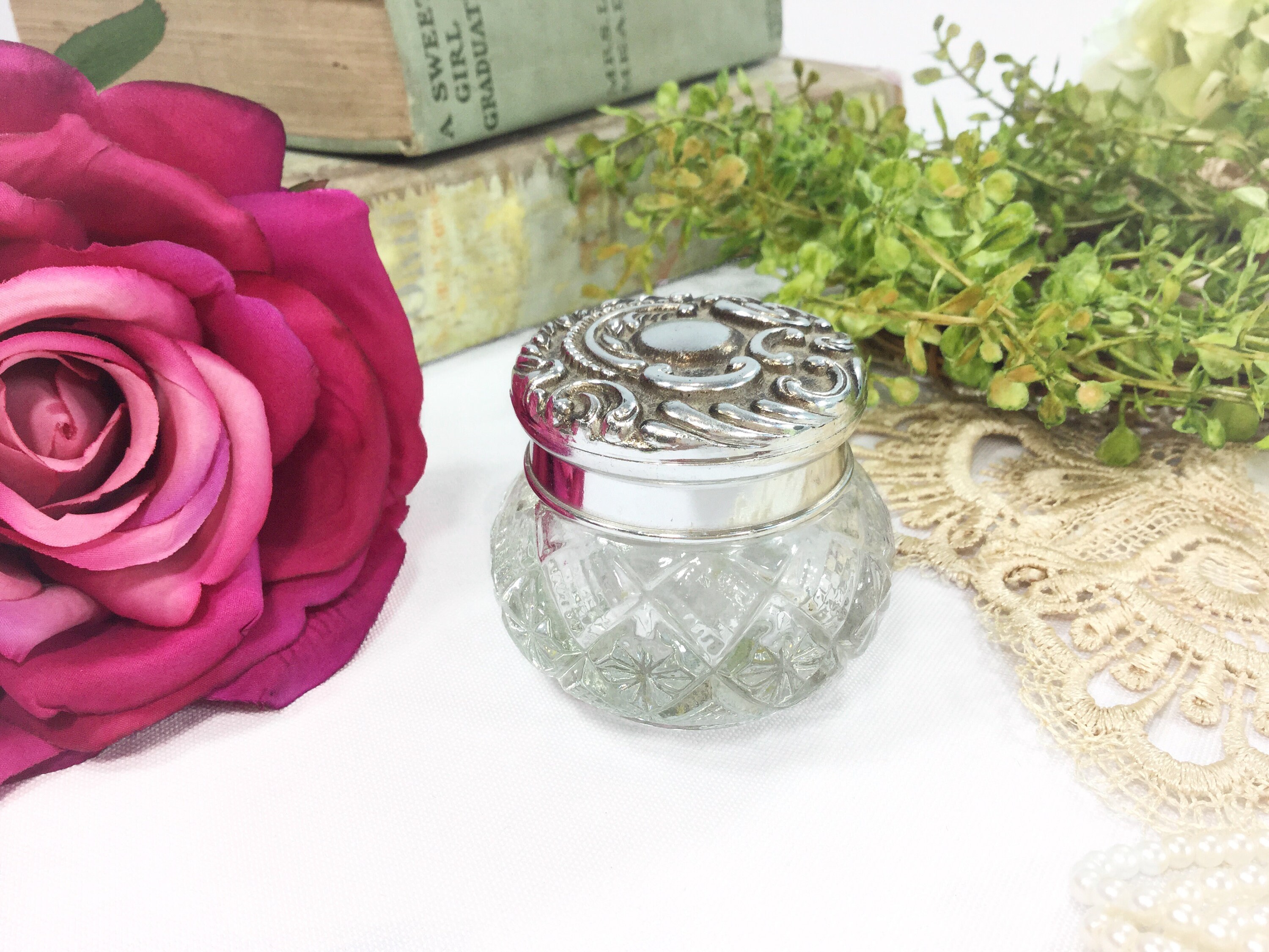 Vintage Avon Ornate Silver Lid Vanity Glass Jar - Lotion Jar, Trinket ...