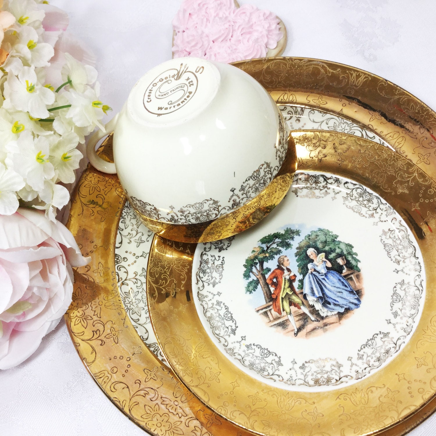 22 kt Gold Handpainted 4 Piece Colonial Couple, Fragonard, Love Story ...