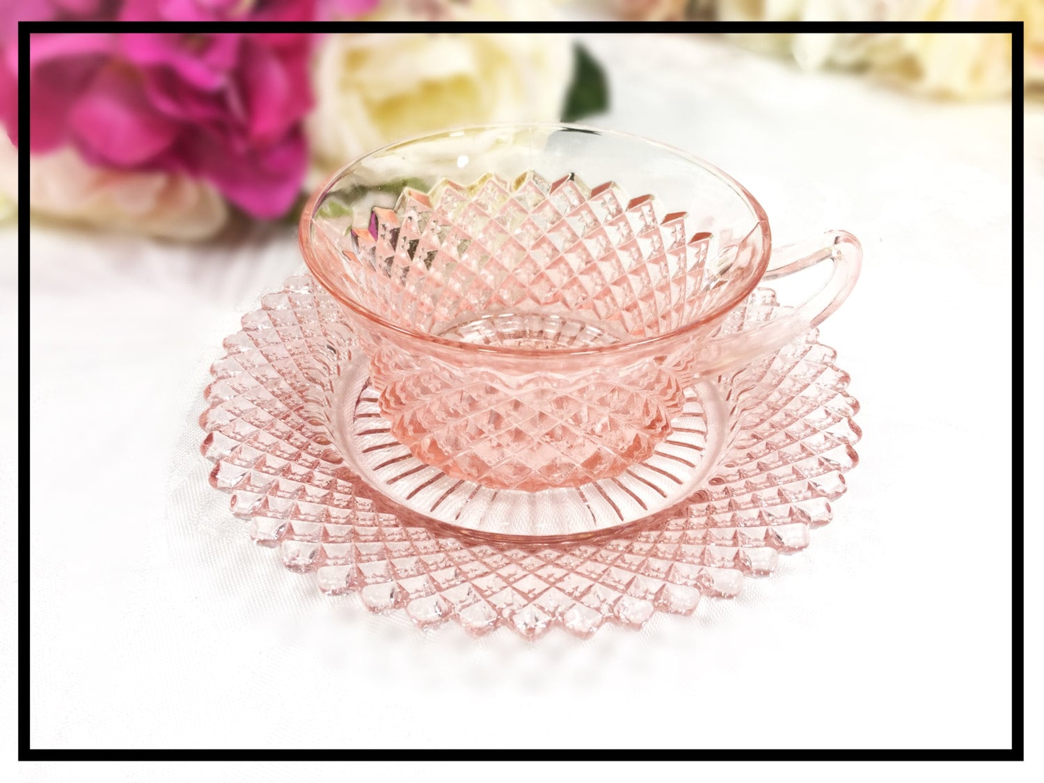 Set of 4 Miss America Diamond Cut Pink Depression Glass Tea Cups and ...