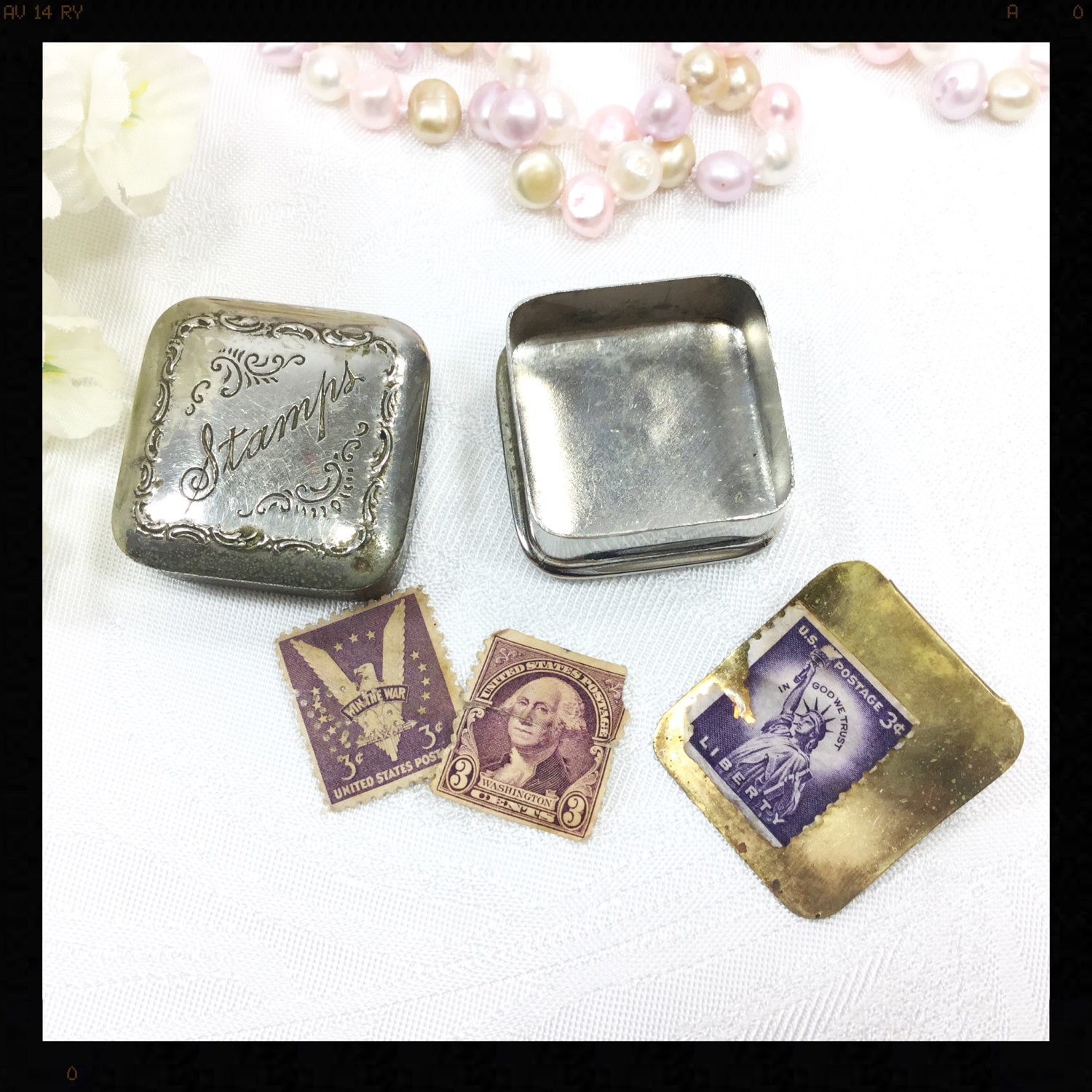 Antique Silver Plate Repousse Box For Stamps, Silver Plate Stamp Box #A746