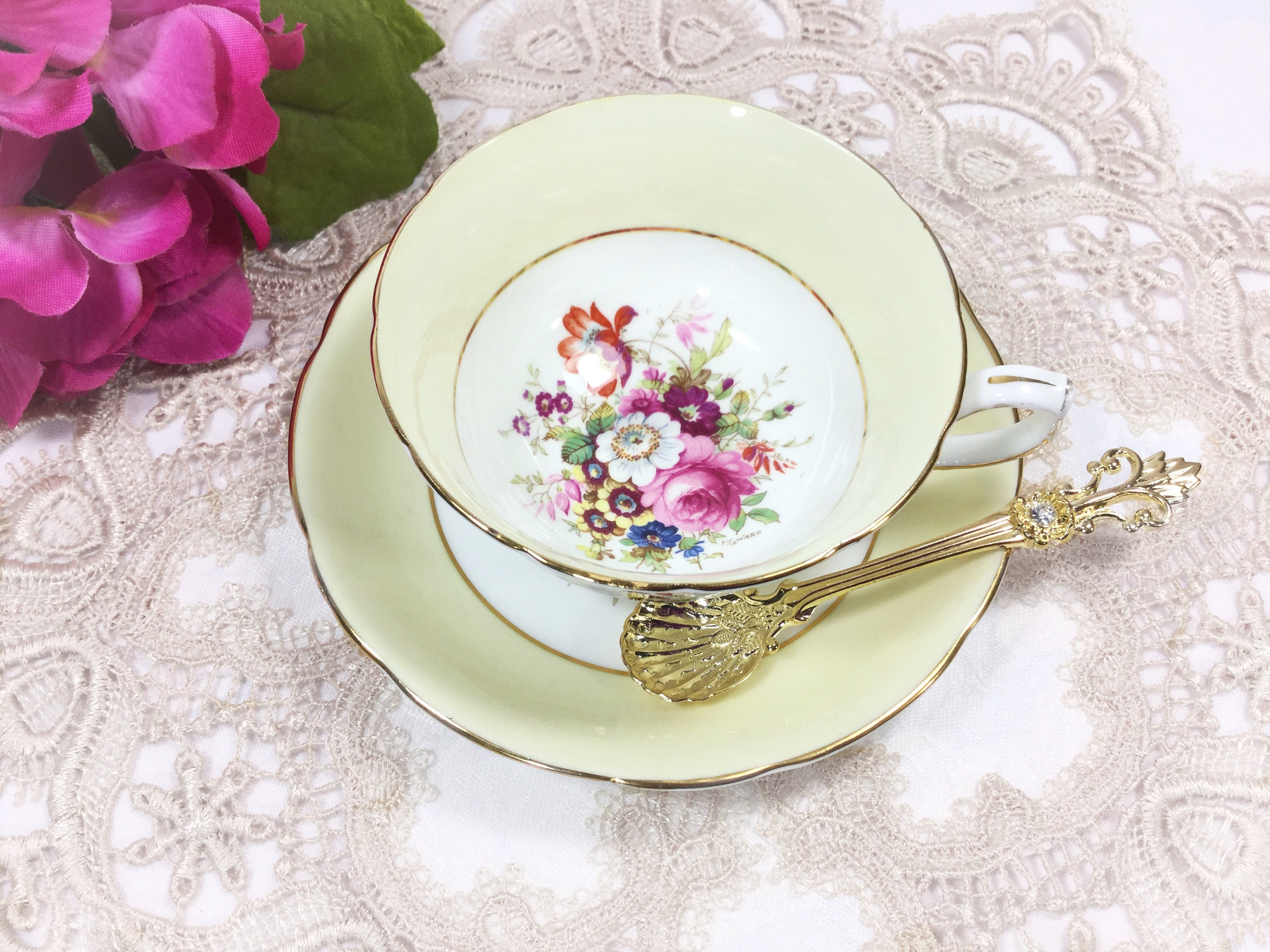 Hammersley Yellow Floral Tea Cup & Saucer, English Fine Bone China Tea ...