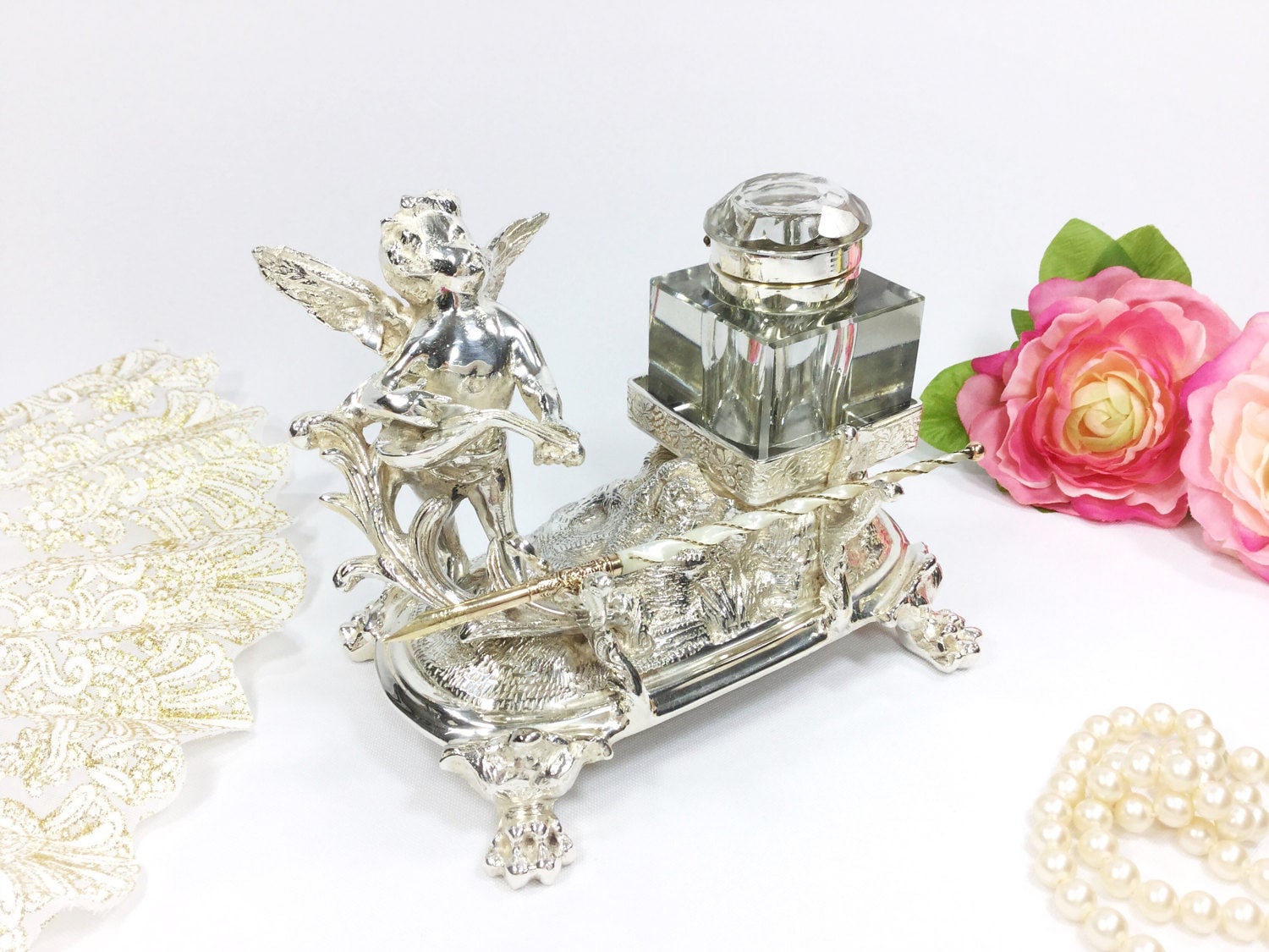 Silver Plated Victorian Cherub Inkwell and Pen Stand, Silver Cherub ...