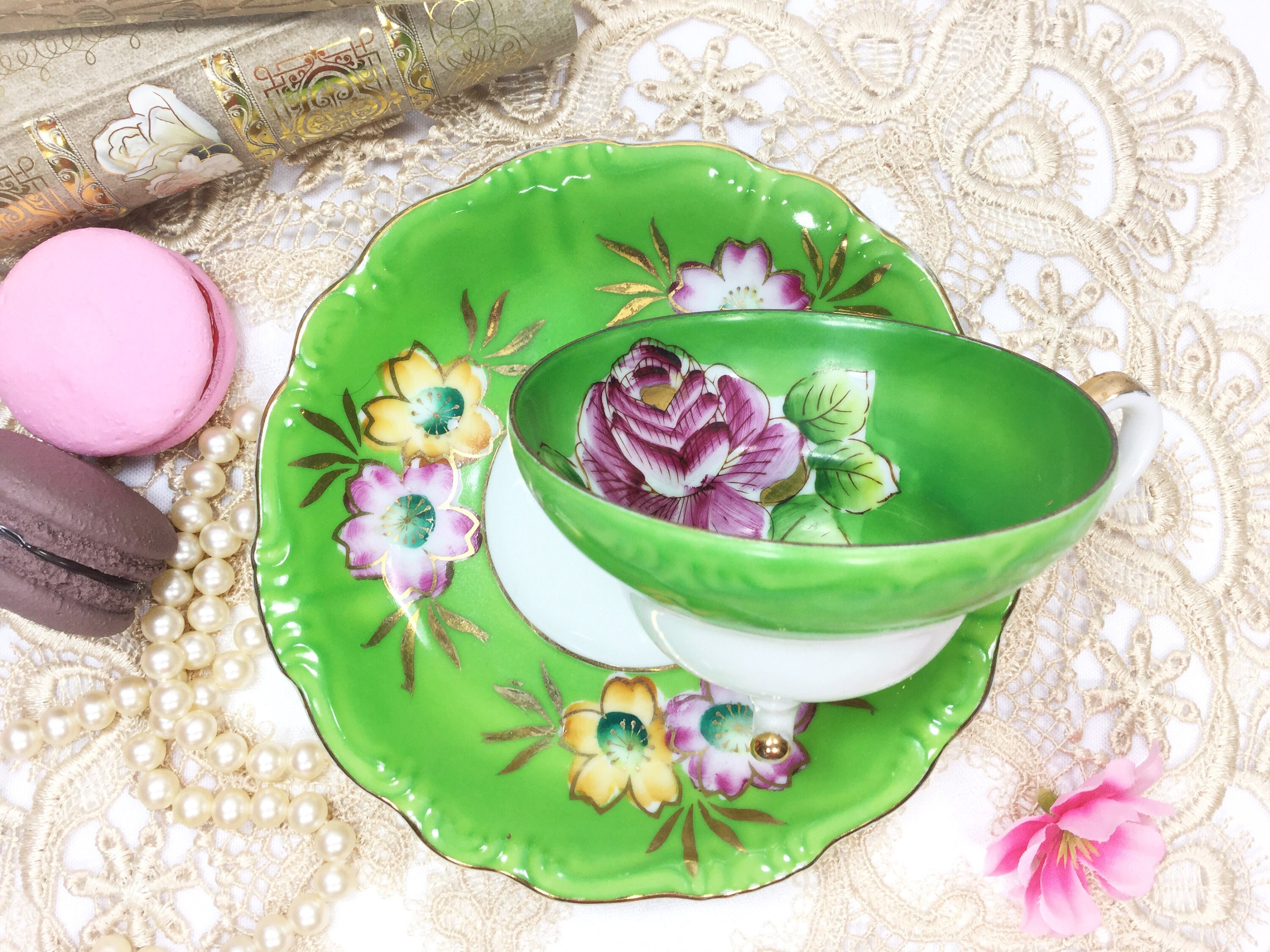 Lovely Green Hand-painted Floral 3-Footed China Teacup, and Saucer ...