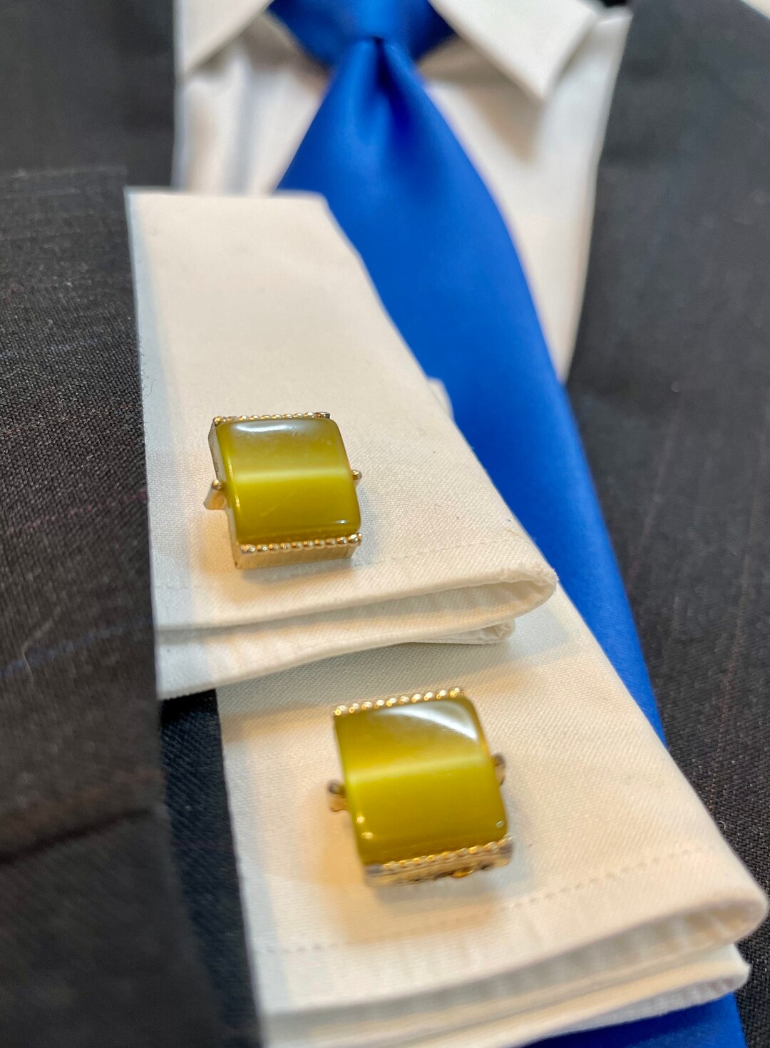 Vintage SWANK Cufflinks: Gold Tone Olive Green Lucite Moon Glow - Etsy