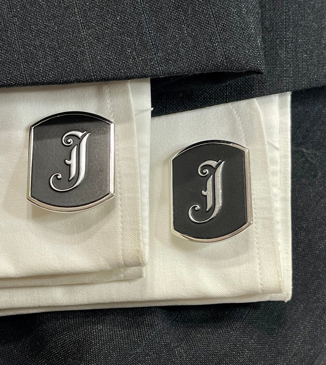 Vintage Swank Cufflinks: Silver Plate & Black Enamel Initial F Monogram ...